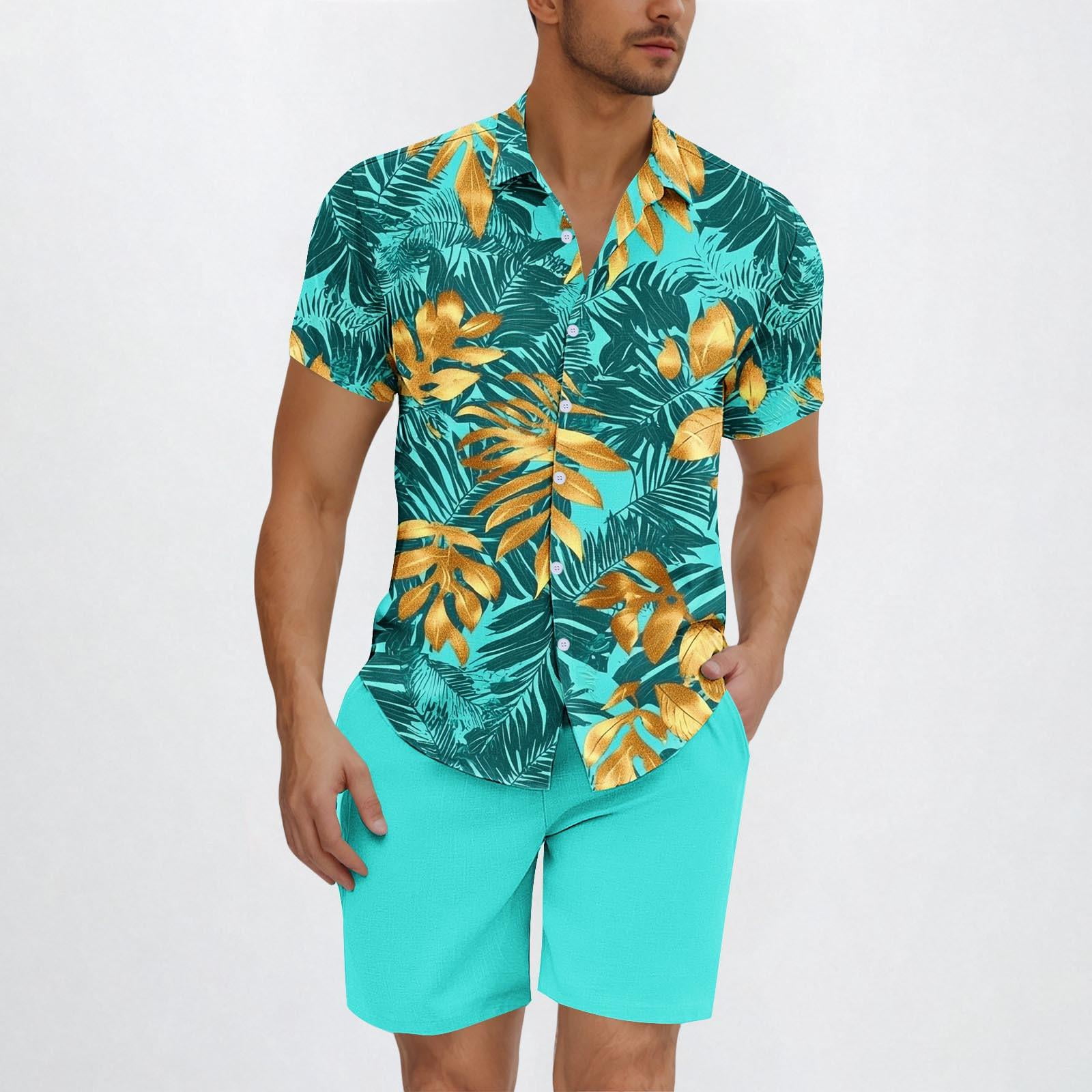 BXJX Mens Hawaiian Shorts and Top- Crewneck Short Sleeve Casual 2-Piece ...