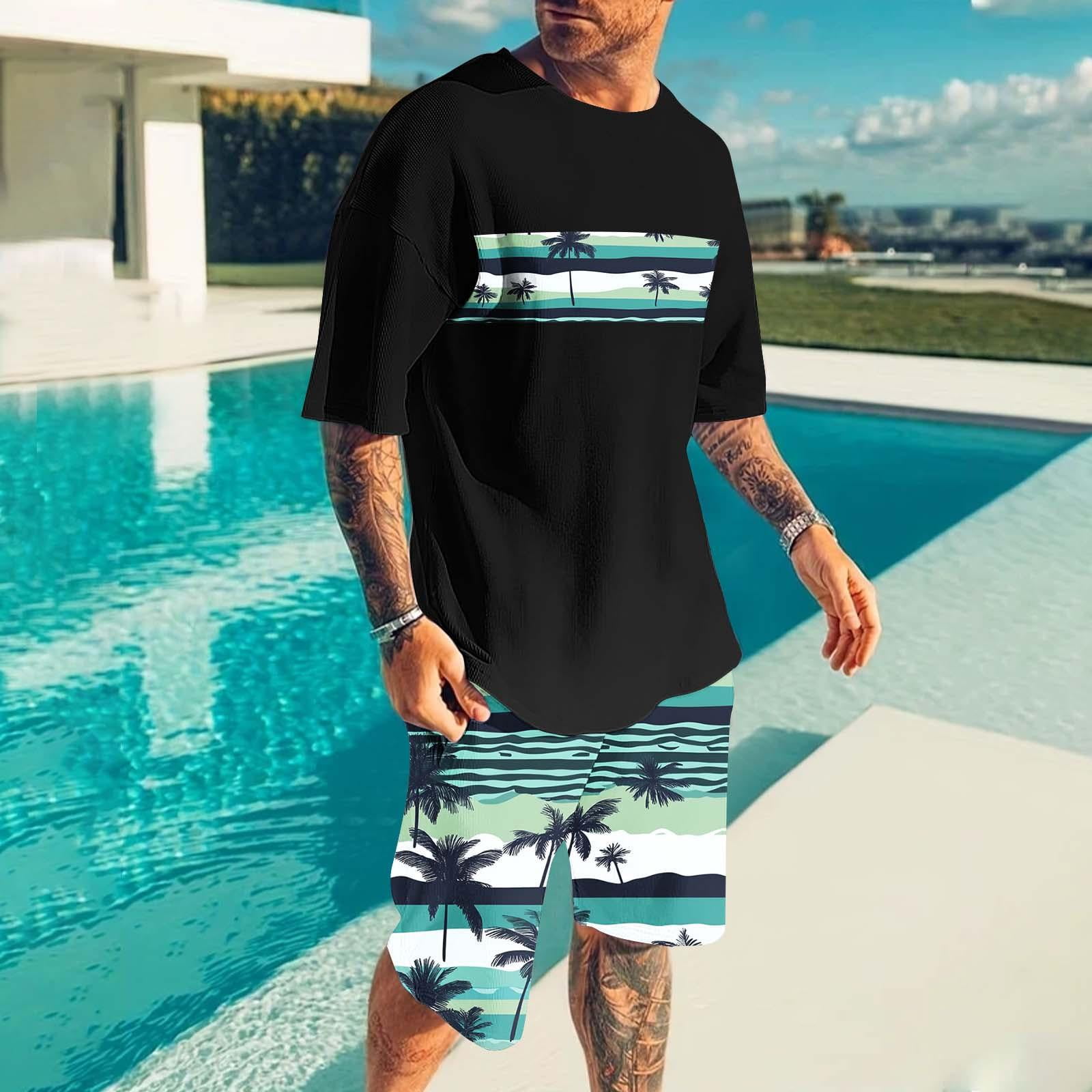 BXJX Mens Hawaiian Shorts and Top- Short Sleeve Crewneck Casual 2-Piece ...