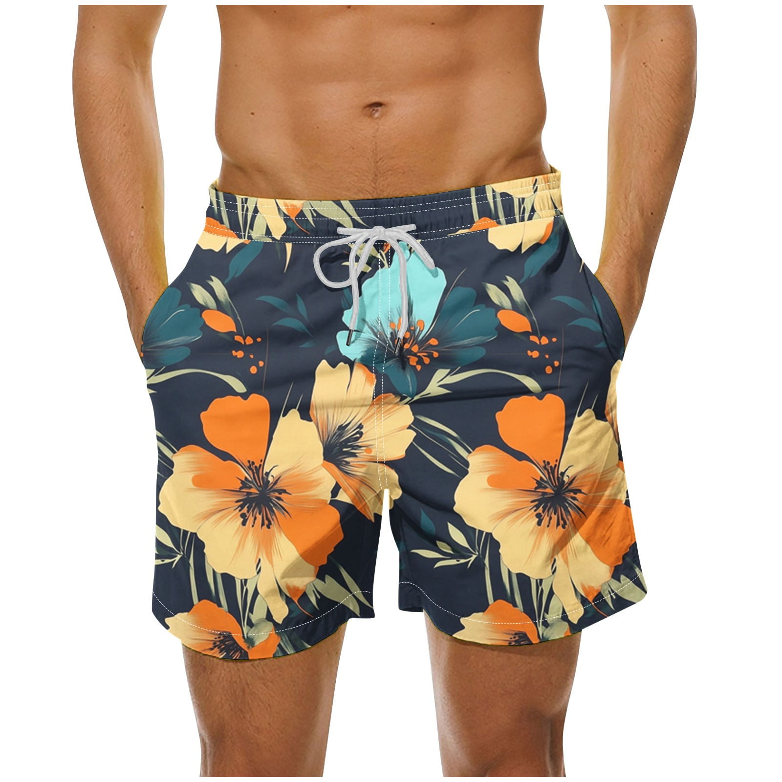BXJX Mens Hawaiian Swim Trunks- Lightweight Quick Dry Drawstring Casual ...