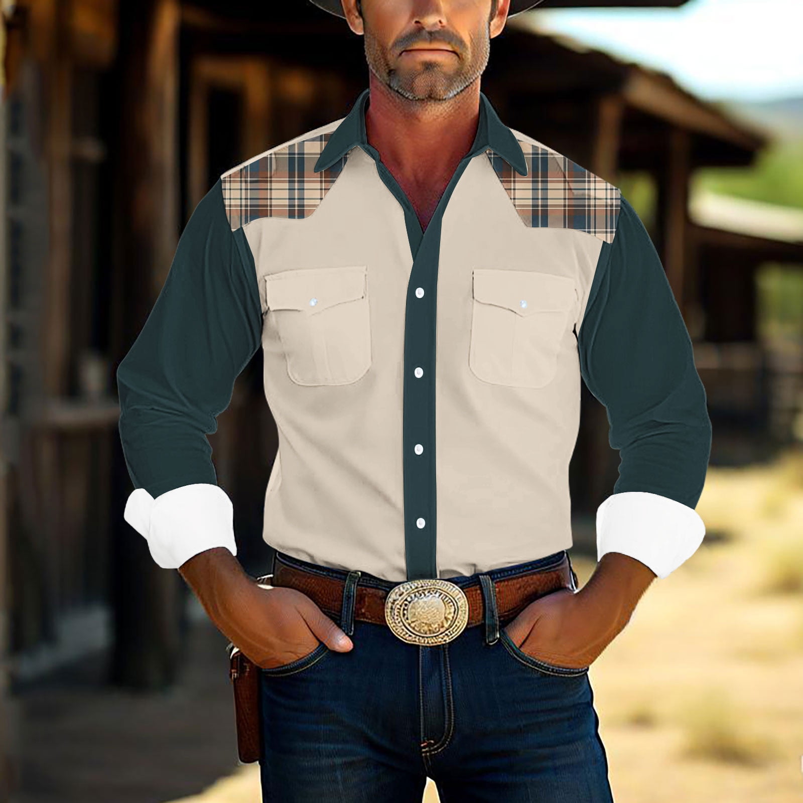 BXJX Mens Vintage Western Shirt- Casual Cowboy Turn Down Collar Color ...