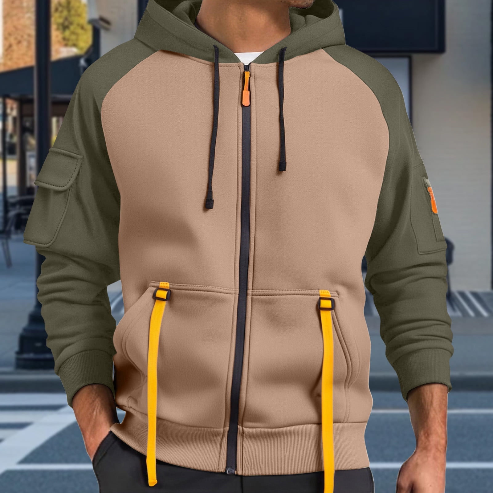 BXJX Mens Zip Up Cargo Hoodie- Outerwear 4 Pockets Fashion Color Block ...