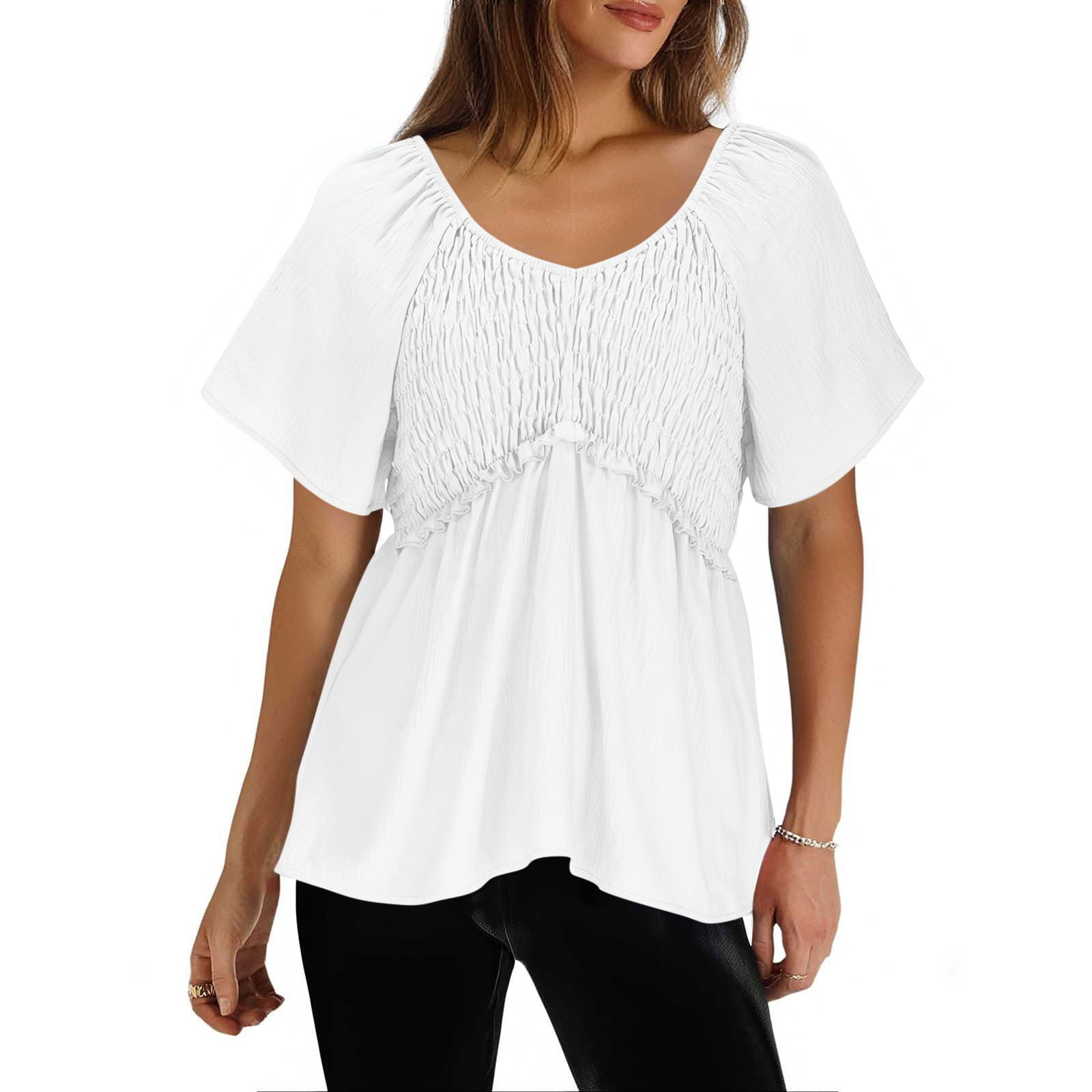 BXJX Summer Womens Pleated Tunic Tops- Short Sleeve Casual V Neck ...