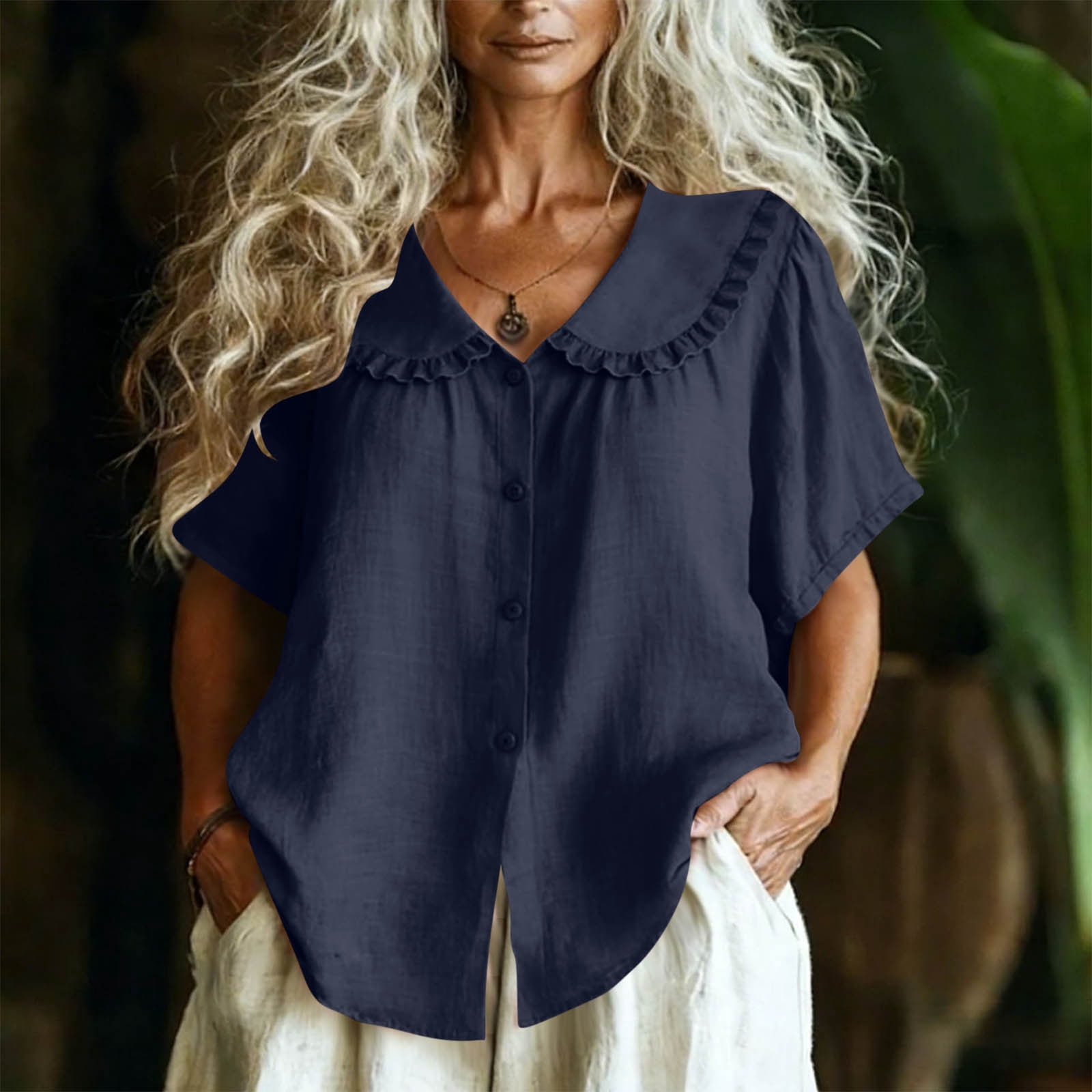 BXJX Womens Cotton-Linen T-shirts, Peter Pan Collar Fashion Short ...