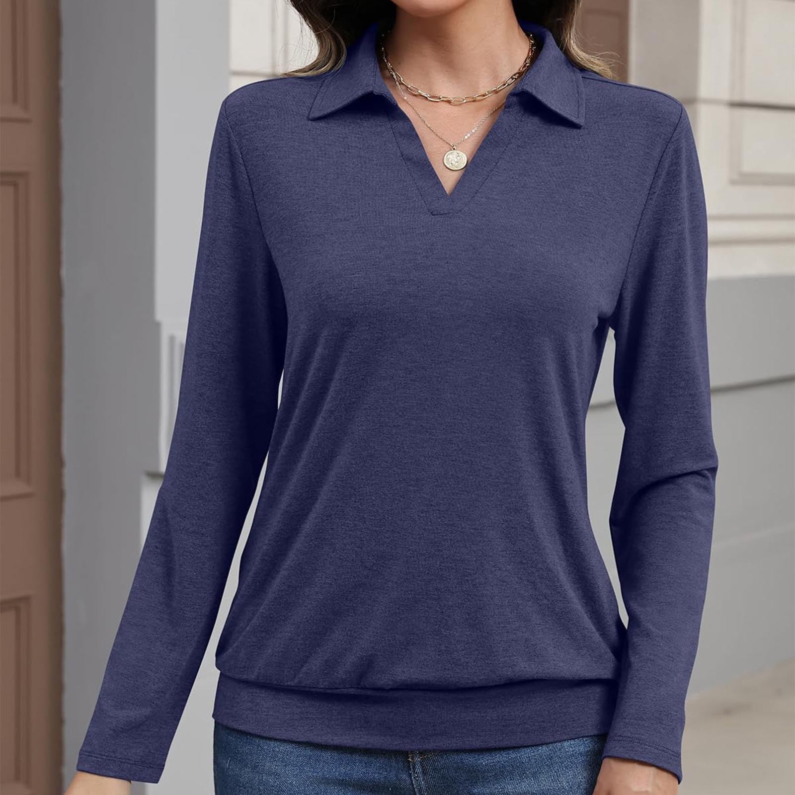 BXJX Womens Cotton Polo Shirts- Loose Fit Long Sleeve V-Neck Soft Fall ...