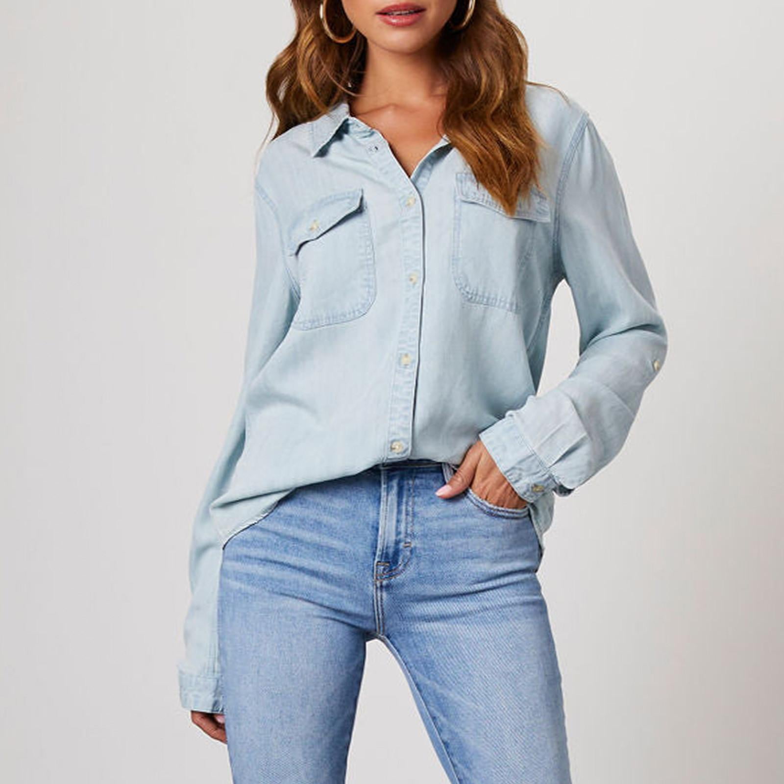 absuyy Denim Shirt for Women Long Sleeve Denim Button Down Shirt Casual ...