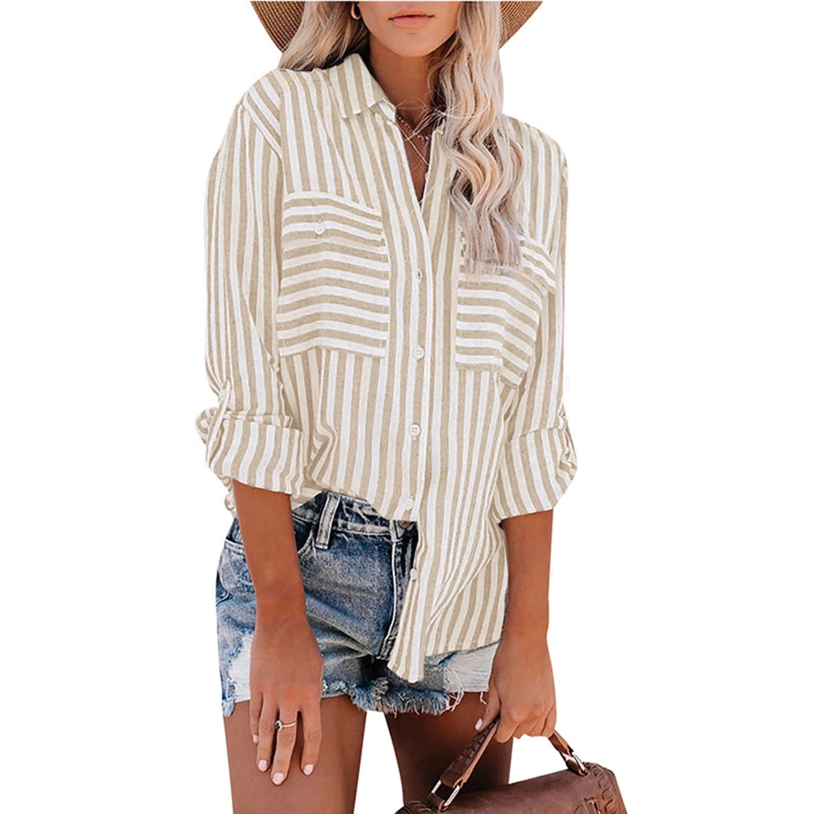 BXJX Womens Shirts Clearance New Turndown Collar Striped Printed Cotton ...