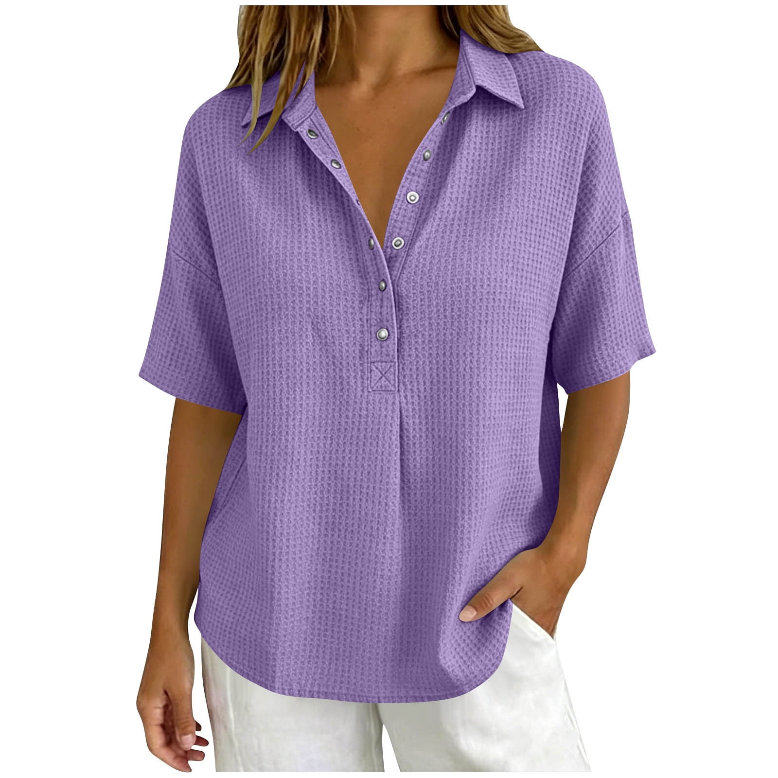 BXJX Womens Waffle T-shirt, Short Sleeve Collared Casual Summer Blouse ...