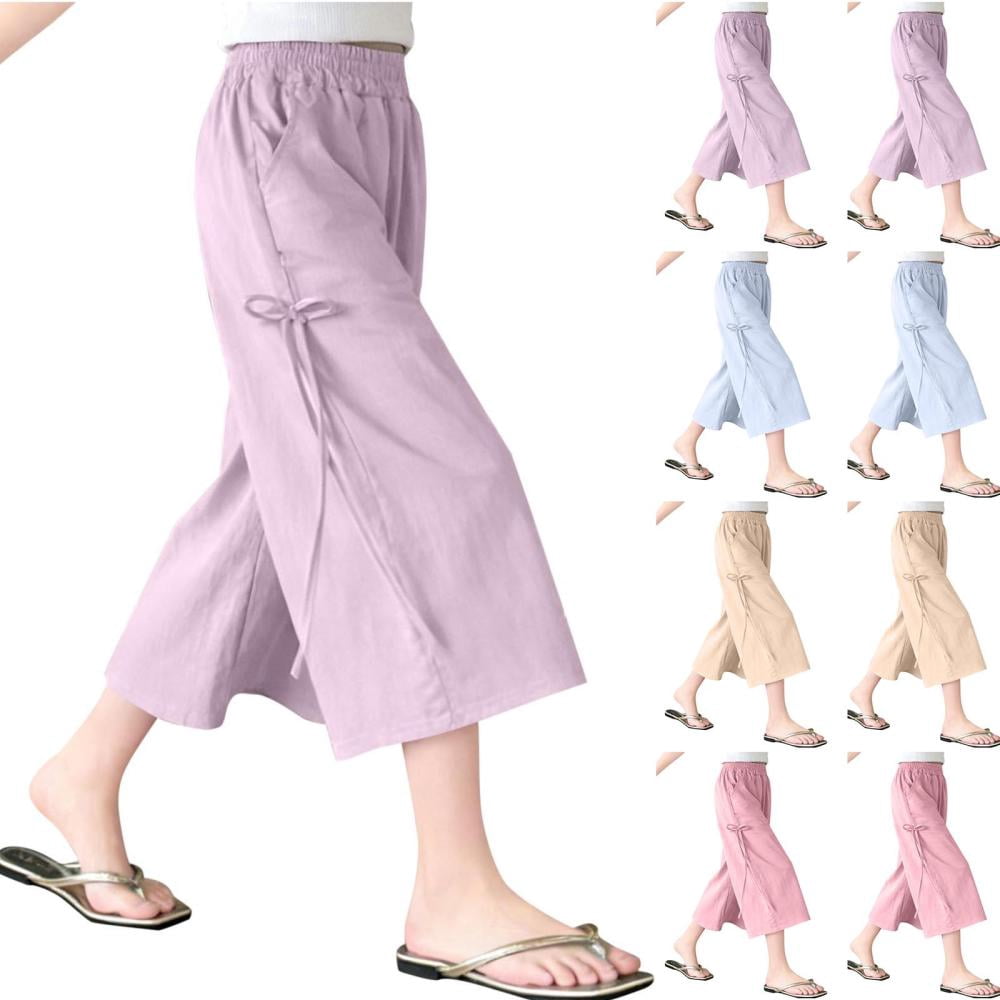 BXSRUTA Girls Casual Wide Leg Cropped Pants Elastic Waist Bow Tie Side ...