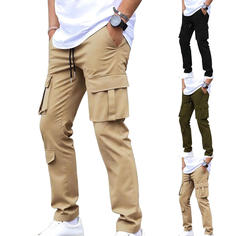 BXSRUTA Men's Casual Cargo Pants With Elastic Waistband And Drawstring ...