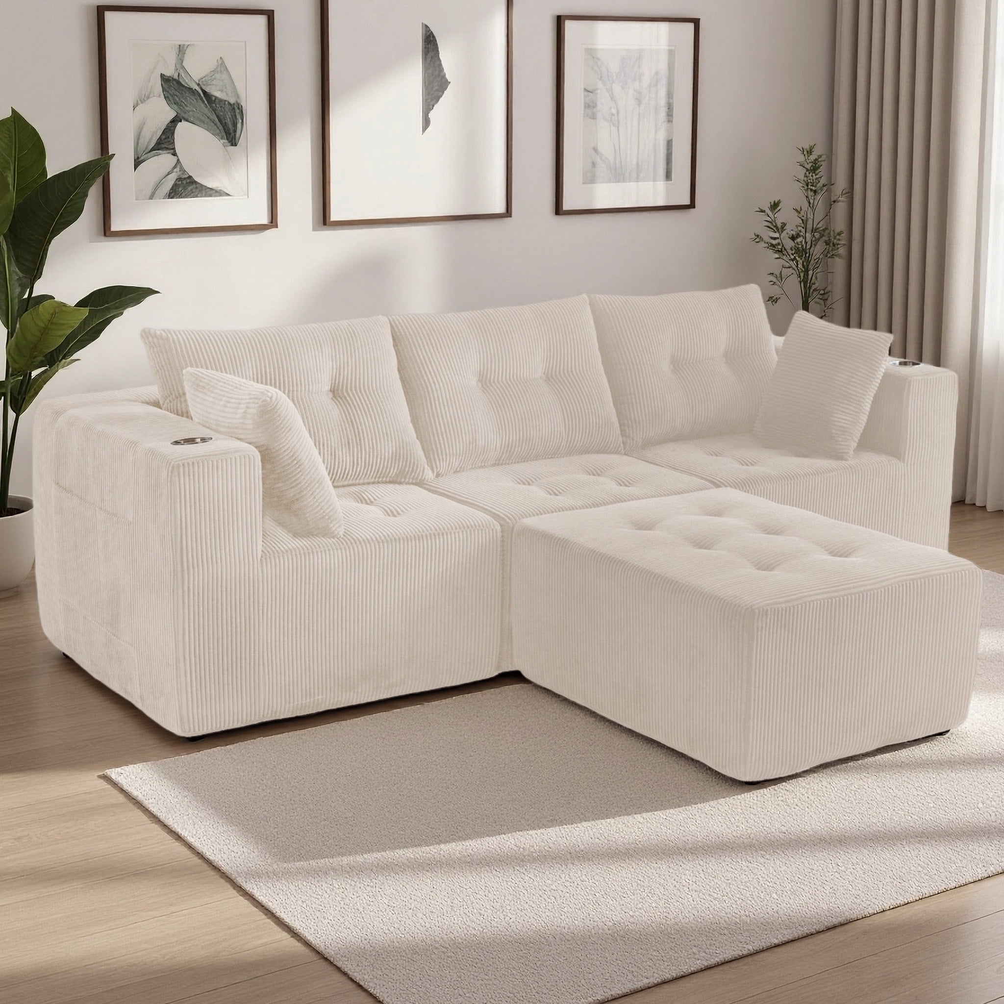 BYBYME 101"Oversized L Shaped Couch,4 Seat Sectional Corduroy Tufted ...