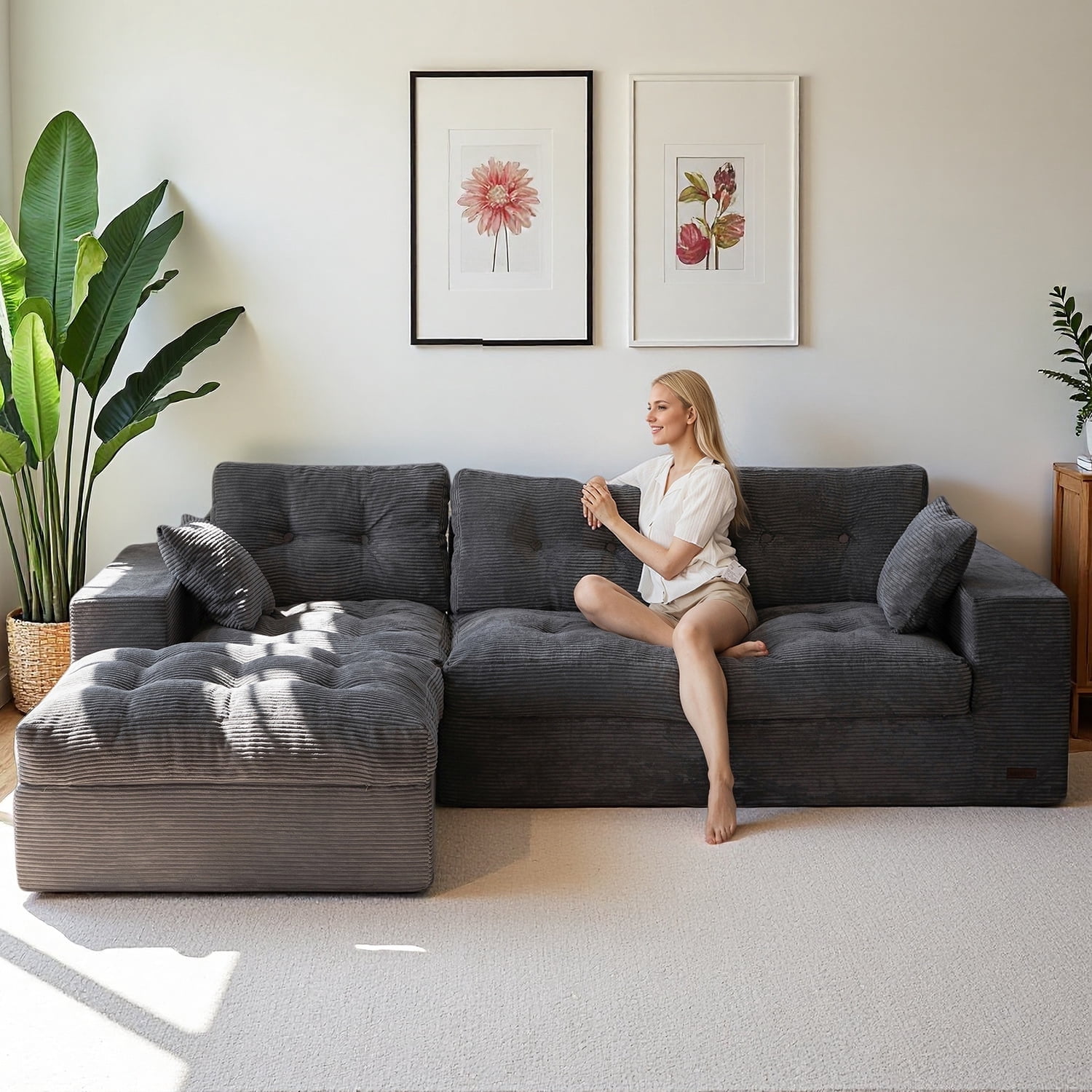 BYBYME 104"Modular Sectional Cloud Couch with Ottoman,Oversized L ...