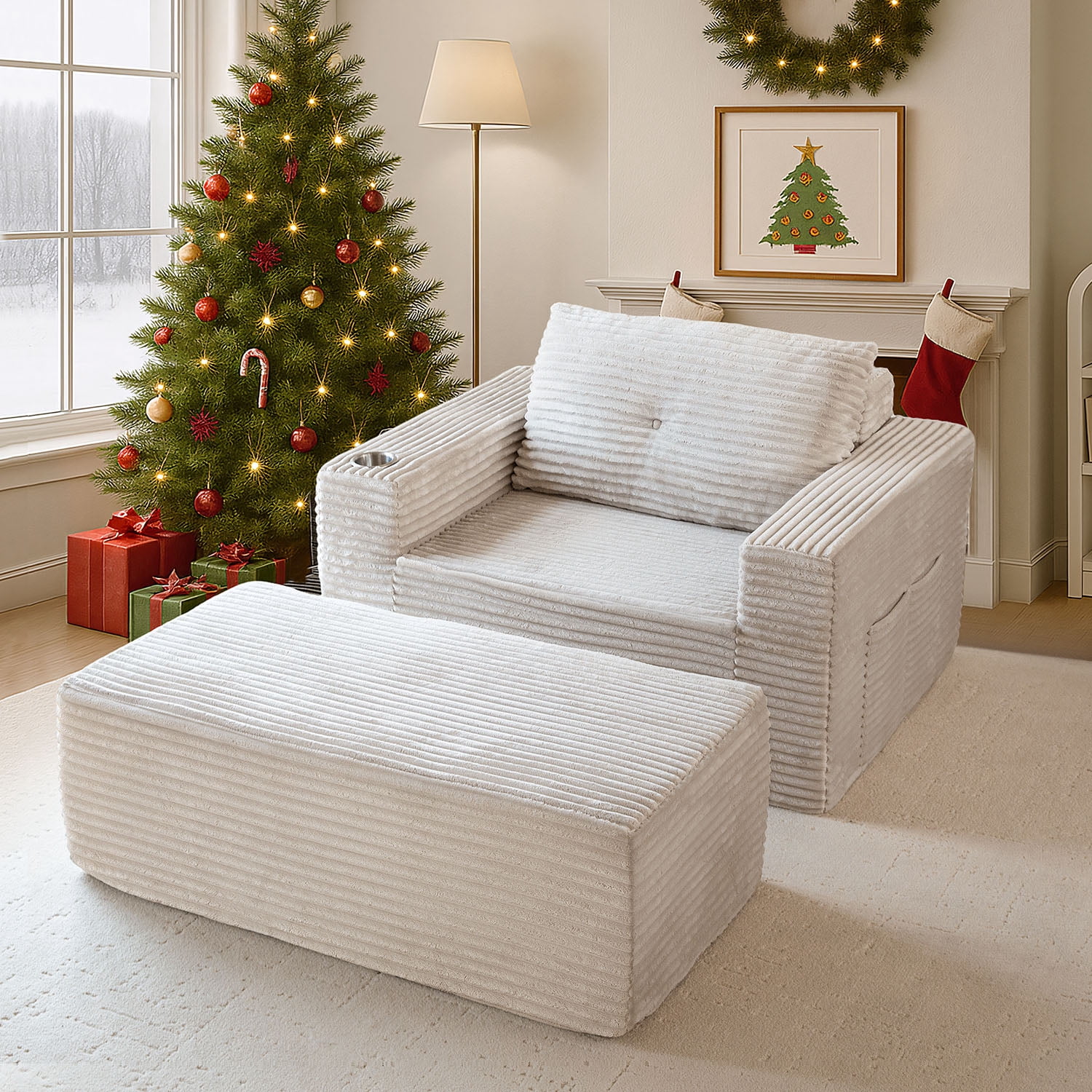 BYBYME Chaise Lounge Chair,No Assembly Cloud Plush Corduroy Upholstered ...