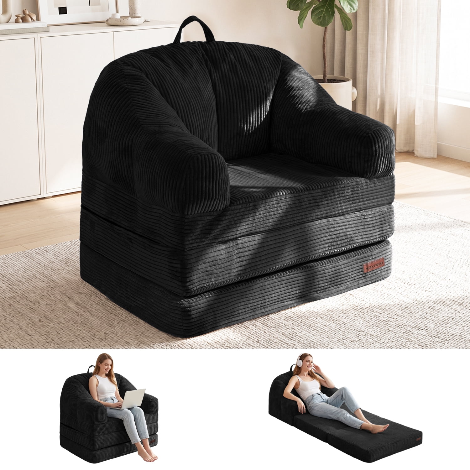 BYBYME Folding Sofa Bed,2-in-1 Convertible Sofa,Corduroy Bean Bag Chair ...