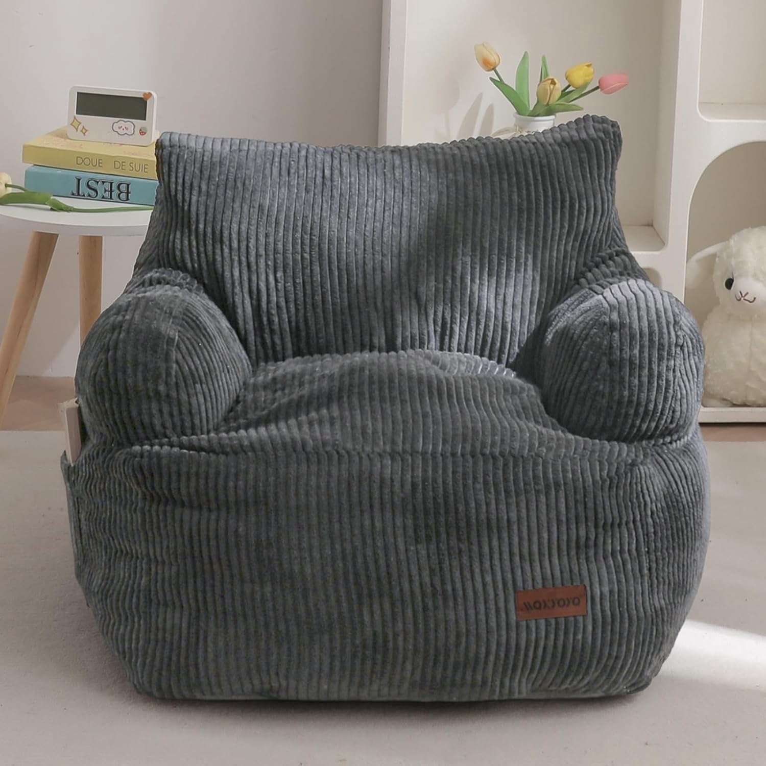 BYBYME Kids Bean Bag Chair, Supportive Memory Foam, Side Pocket, Dark ...