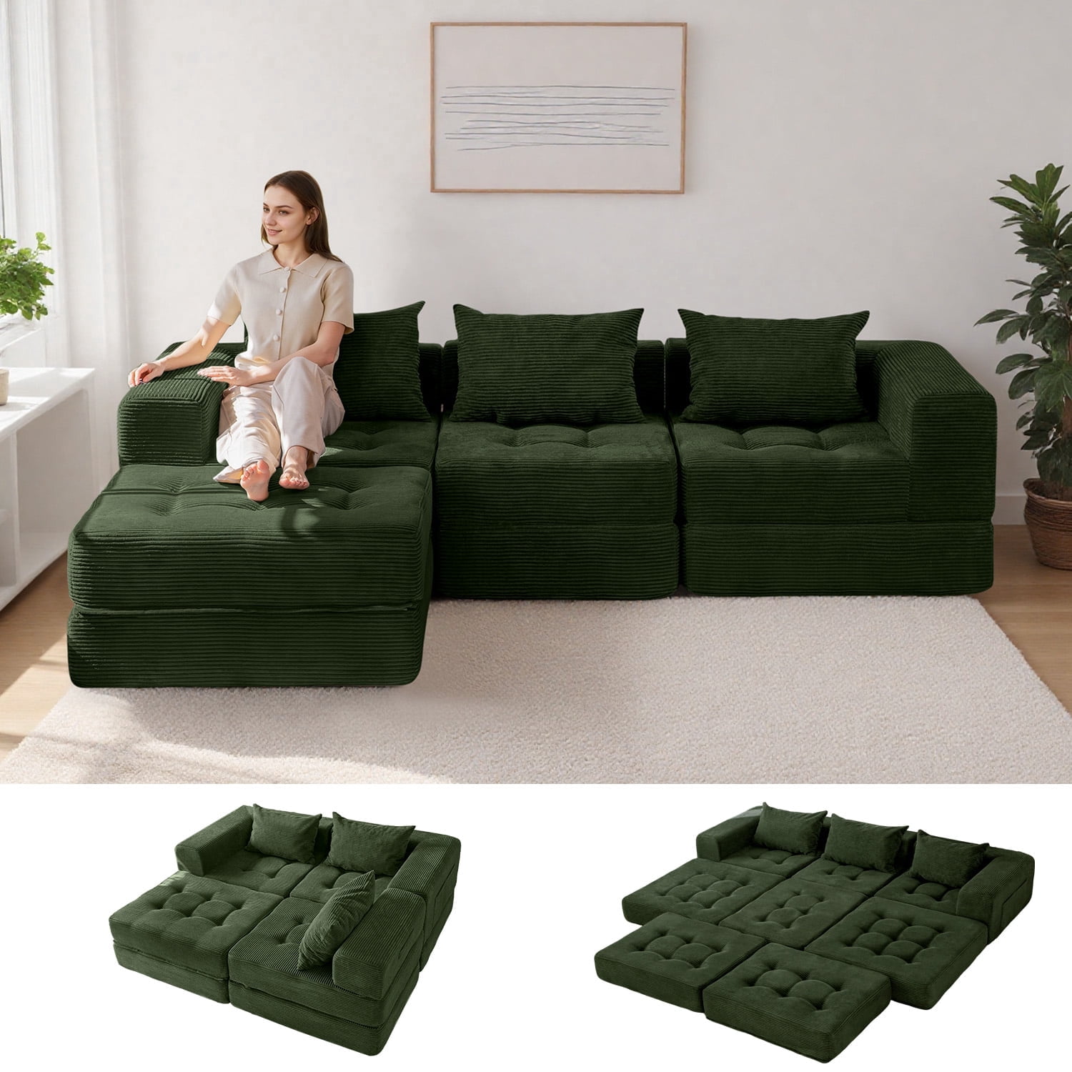 BYBYME Modular Sectional Sofa,Foldable Upholstered L Shaped Boneless ...