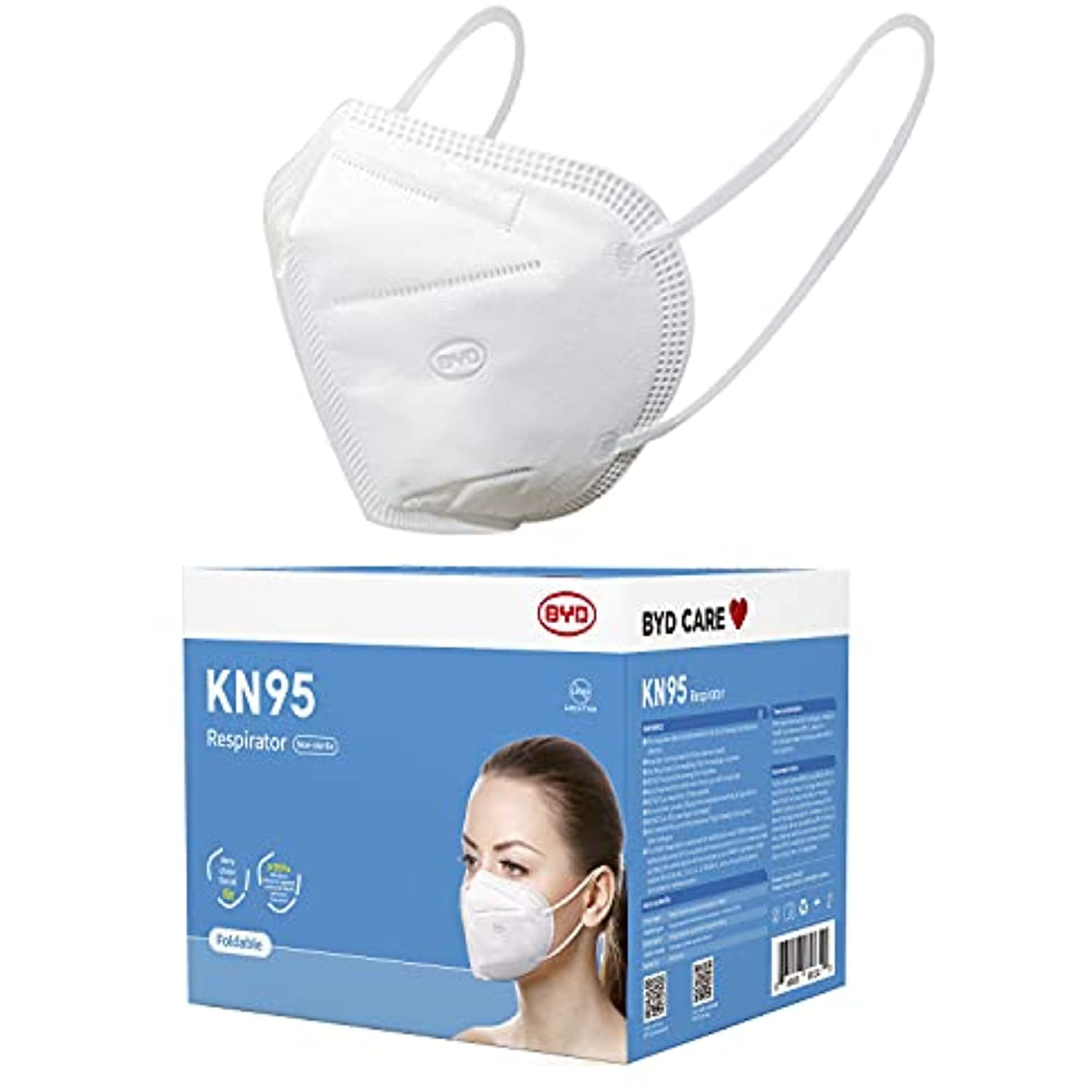 BYD Care KN95 Mask, Foldable, Latex-Free, 95% Filtration, Box of 50 - Walmart.com