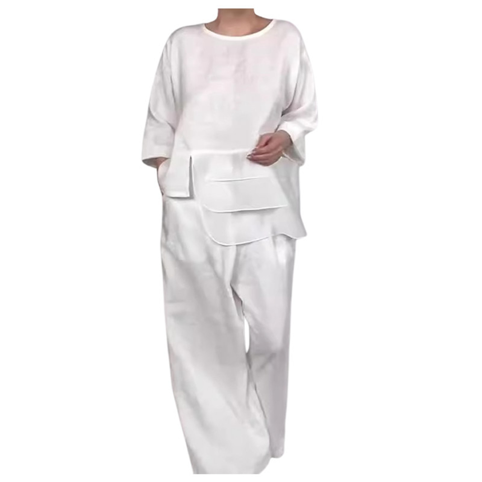 BYHONG Casual Outfits for Women Crew Neck Satin Layered Design Top Wide ...