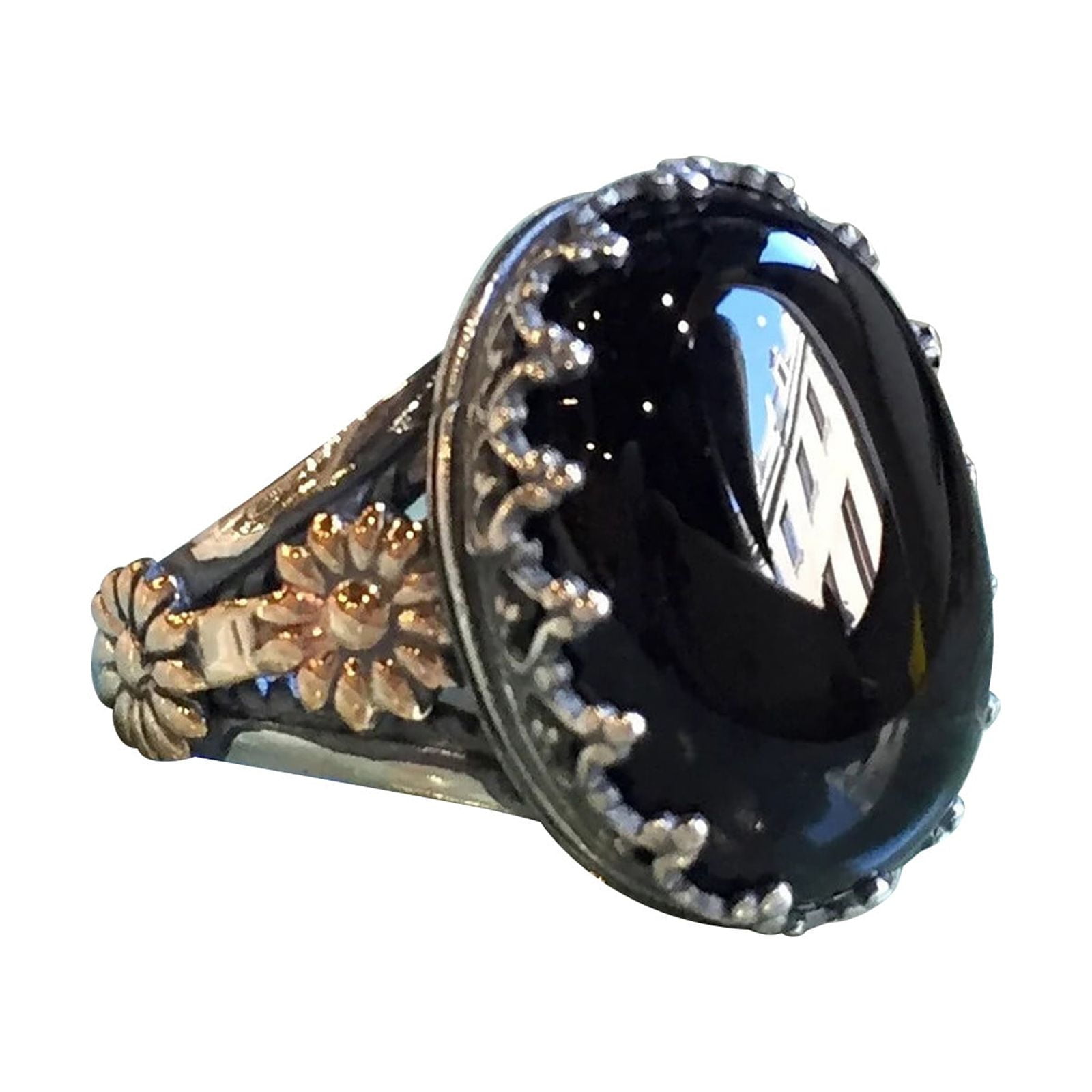 BYHONG Fashion Elegant Black Stone Jewelry Relief Sculpture Ring ...