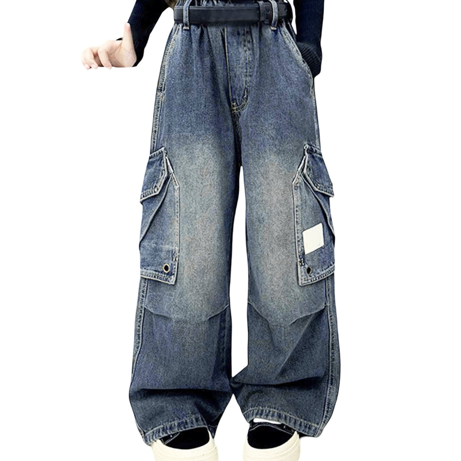 BYHONG Girls Fashion Personality Pants Elastic Waist Wide Leg Jeans ...