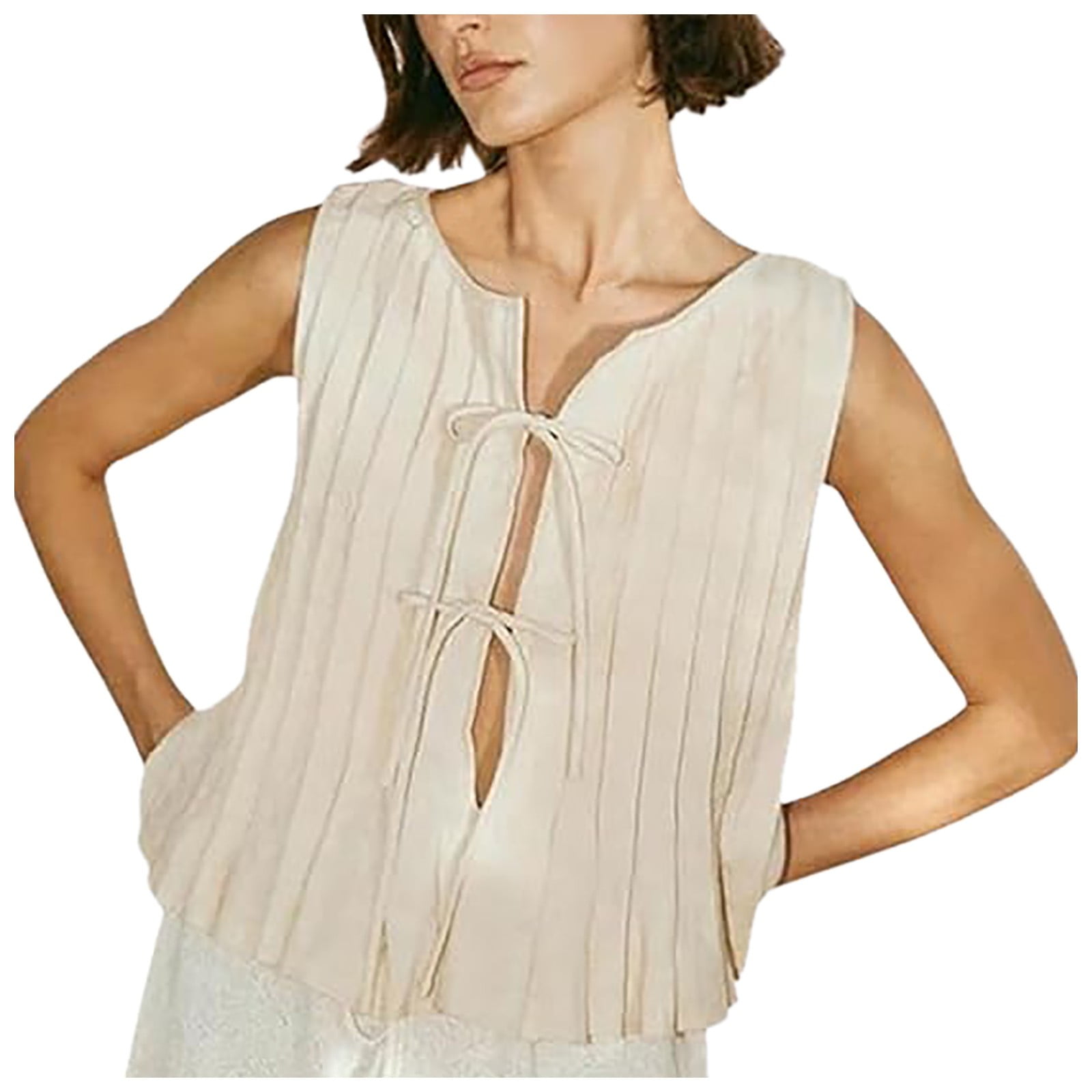 BYHONG Linen Tie Front Tank Top Ruffle Shirt Women Sleeveless Pleated Shirts Casual Vest Cute ...