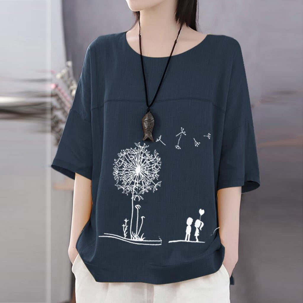 Byhong Plus Size Women Short Sleeve Cotton Linen O Neck Print Blouse