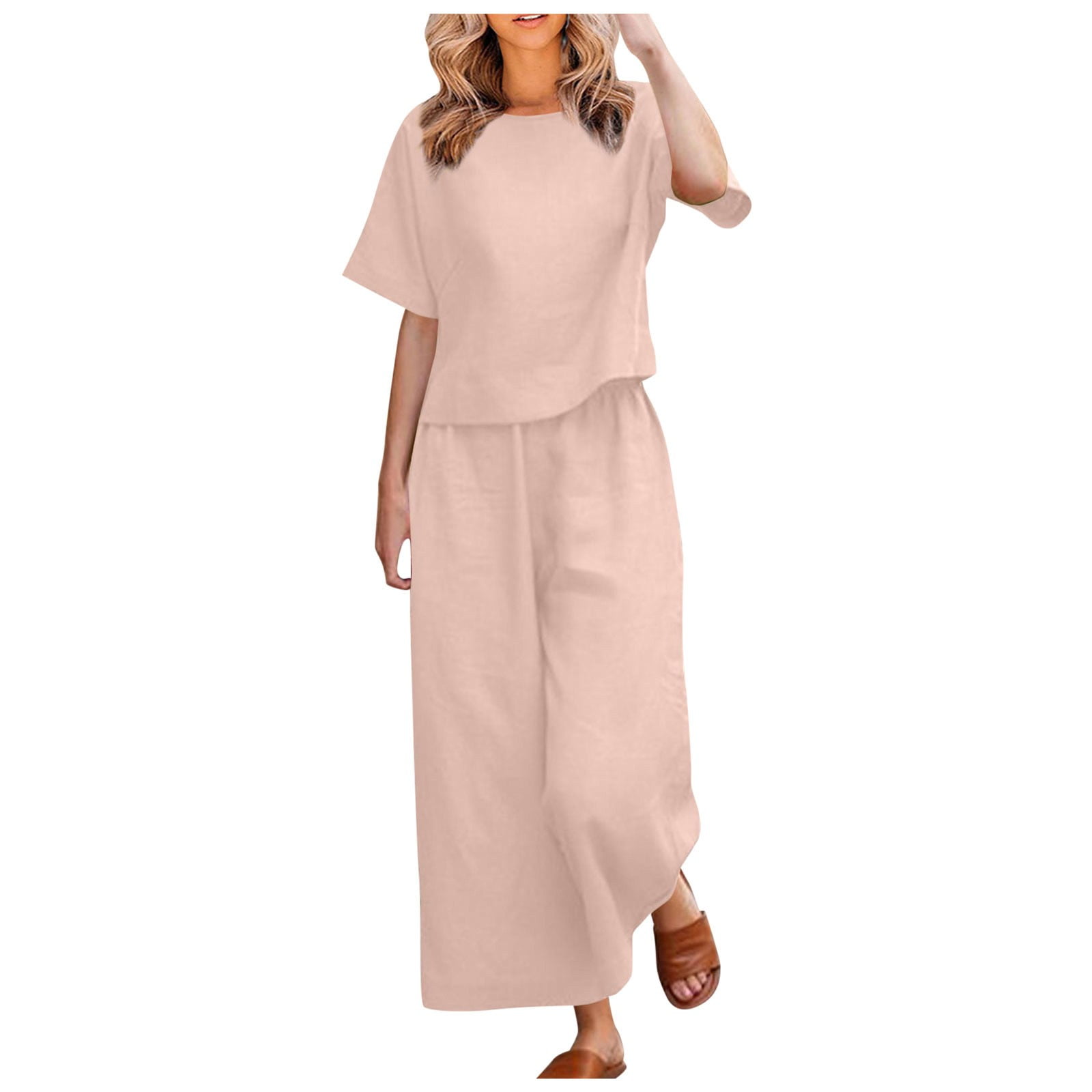 BYHONG Women 2 Piece Linen Outfit Sets Cotton Short Sleeve Shirt Wide ...