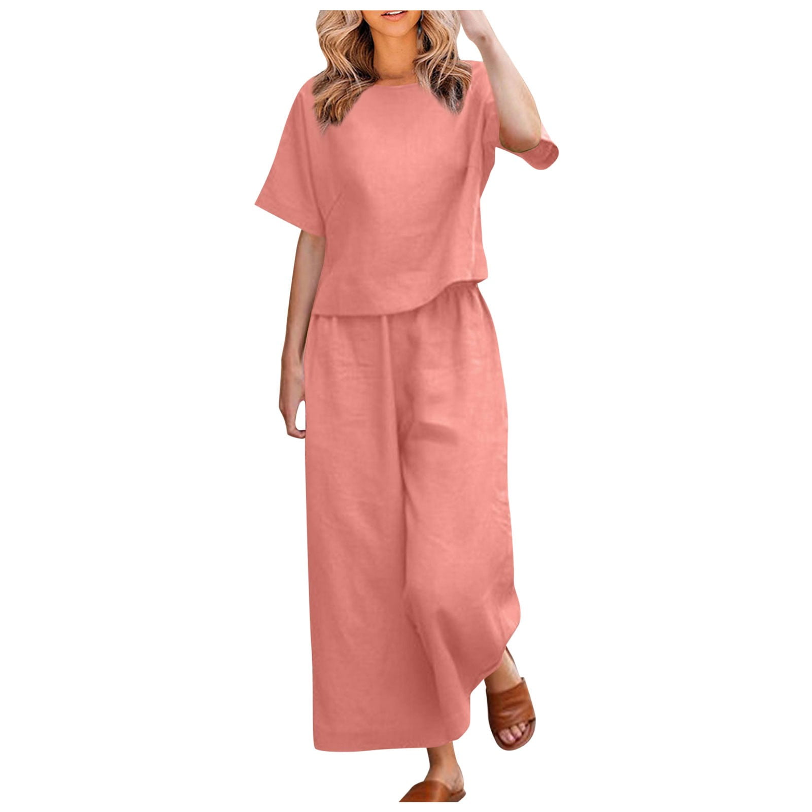 BYHONG Women 2 Piece Linen Outfit Sets Cotton Short Sleeve Shirt Wide ...