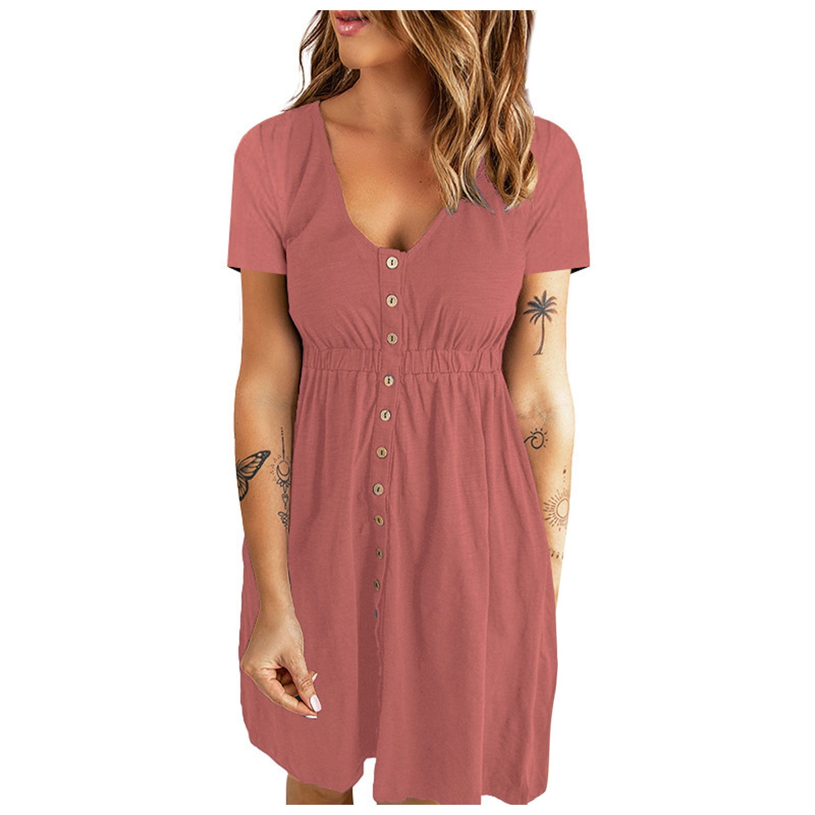 BYHONG Women Casual V Neck Short Sleeve Button Down Dress Summer ...