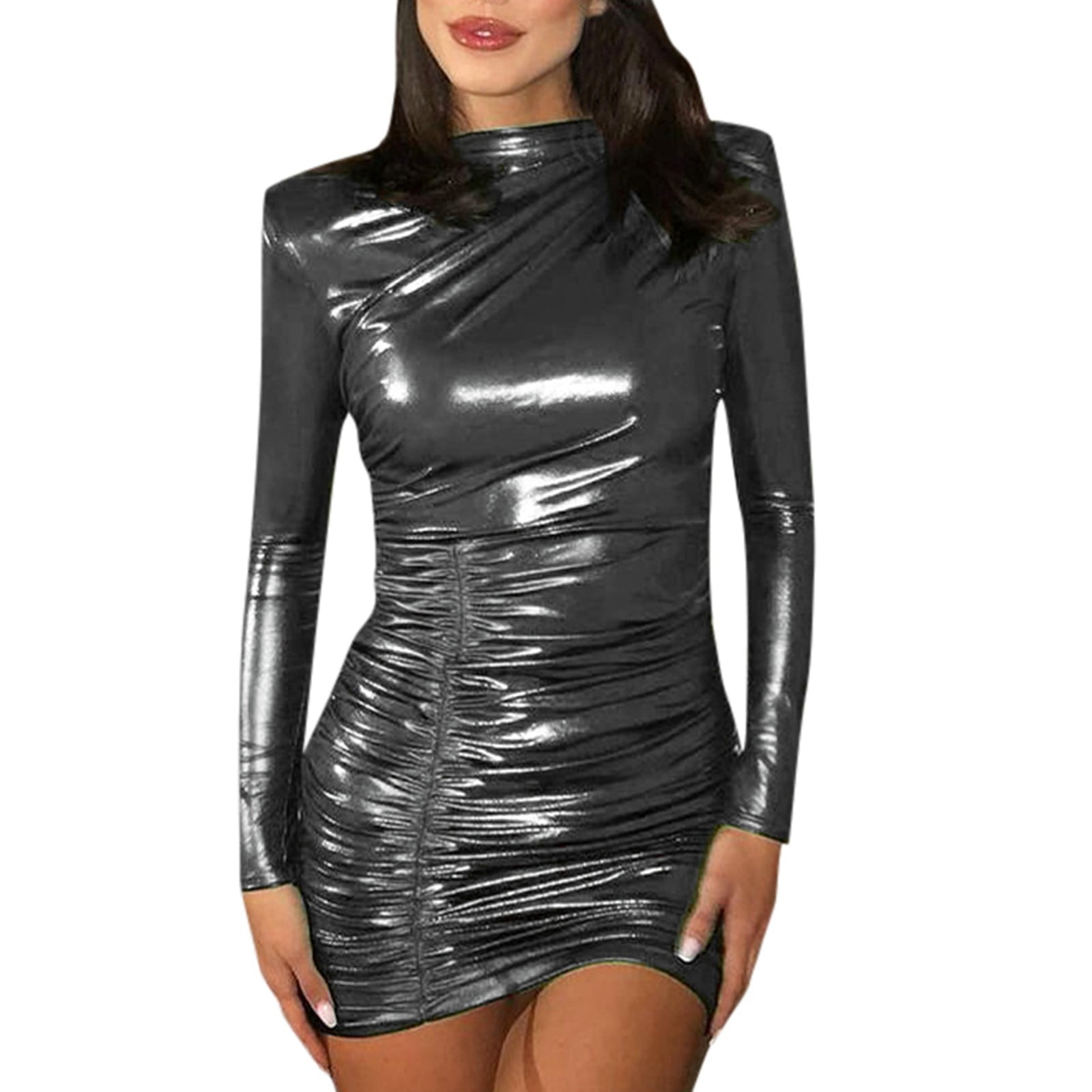 Byhong Women Fashionable And Sexy Solid Color Pleated Shiny Long