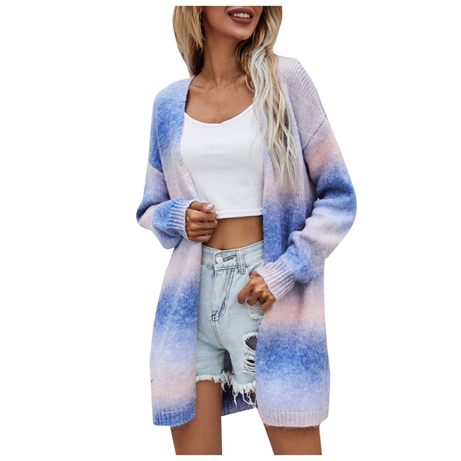 BYHONG Women Open Front Sweater Knitted Coat Winter Tie-dye Long Sleeve ...