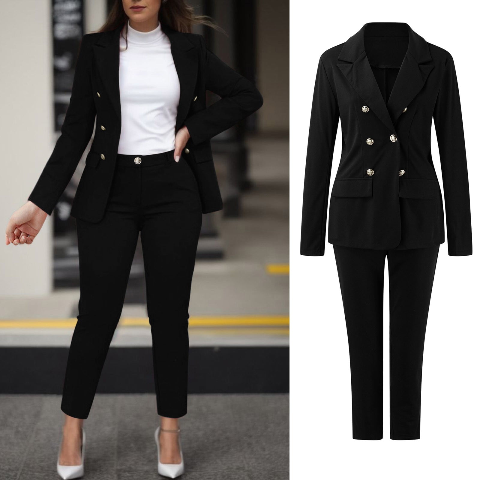 Bmisegm Women Solid Long Sleeved Suit Pockets Trousers Pants Suit ...
