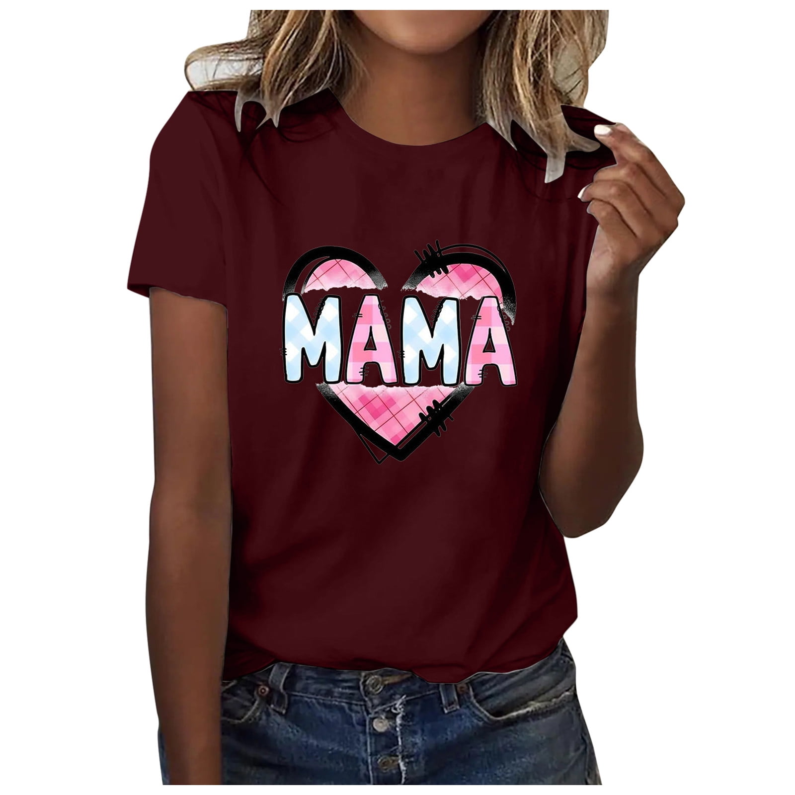 Byhong Women Casual Round Neck Short Sleeve Letter Print T Shirt Top