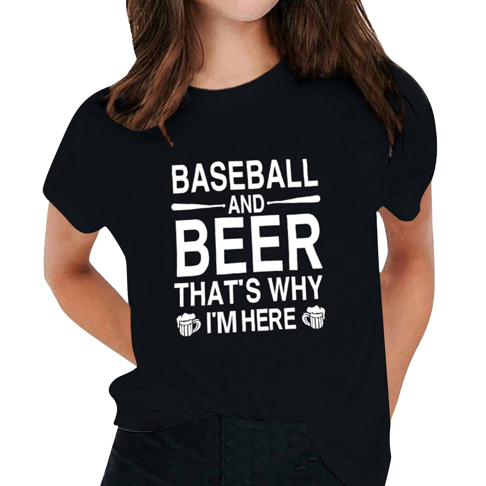 Byhong Womens Baseball Print Casual Short Sleeved Crew Neck Top T
