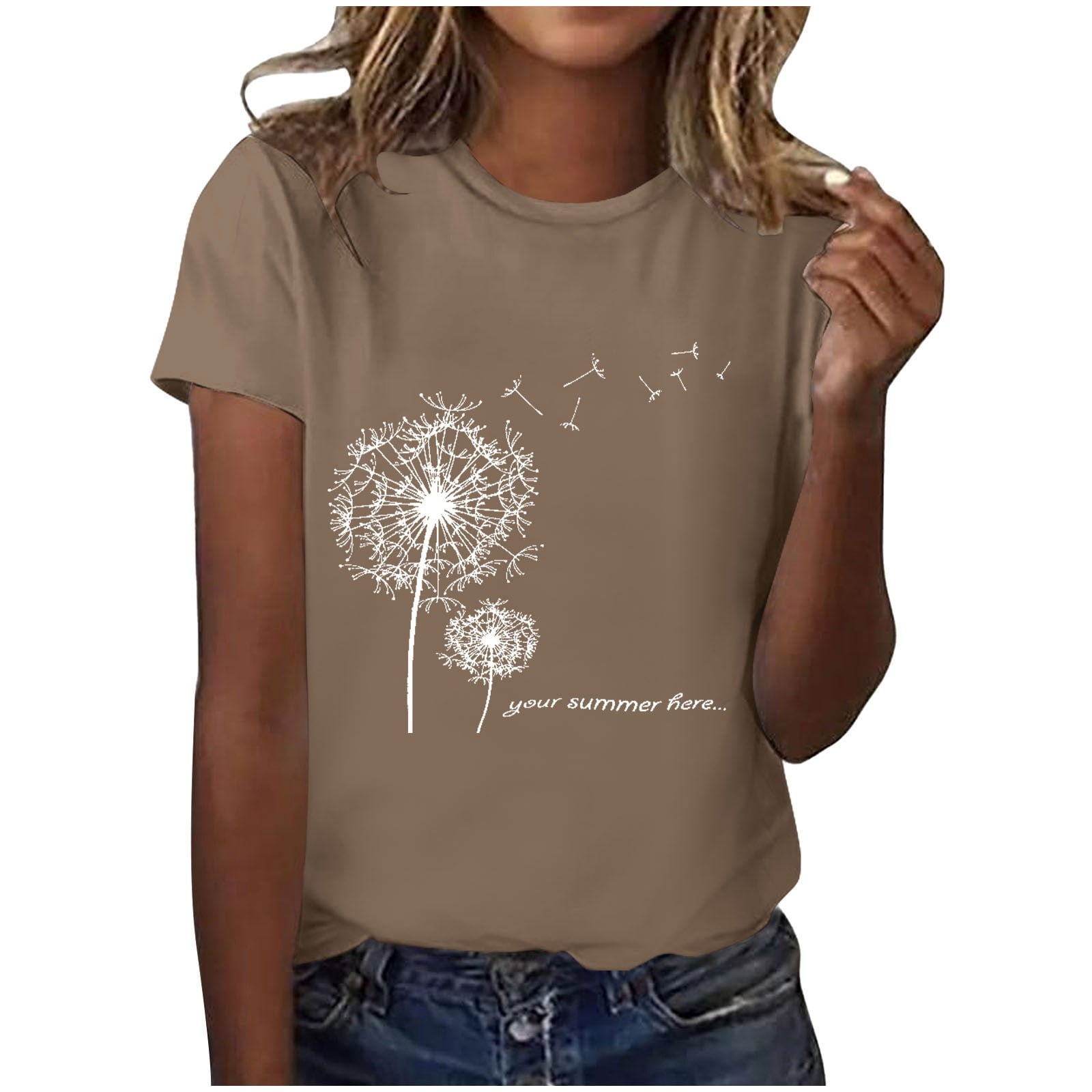 Byhong Ladies Dandelion Print Round Neck Casual Short Sleeve T Shirt