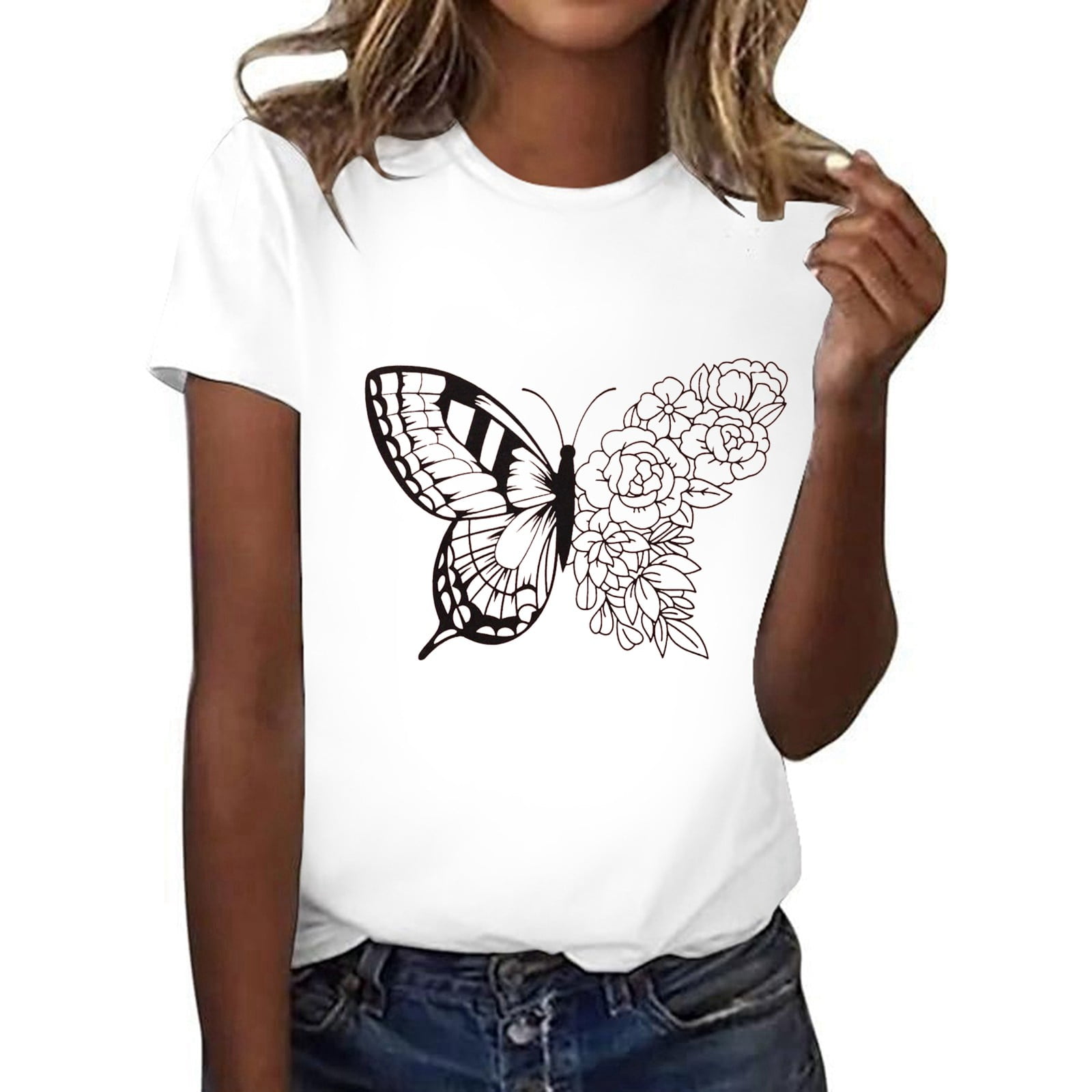 Byhong Womens Butterfly Print Round Neck Short Sleeve Top Short Sleeve
