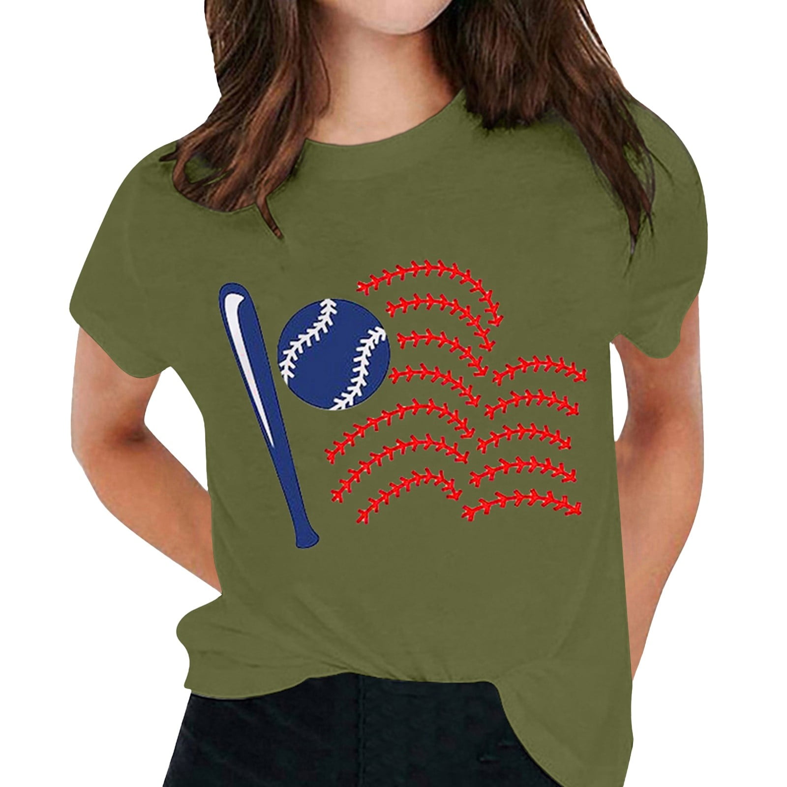 Byhong Womens Baseball Print Casual Short Sleeve Crew Neck T Shirt