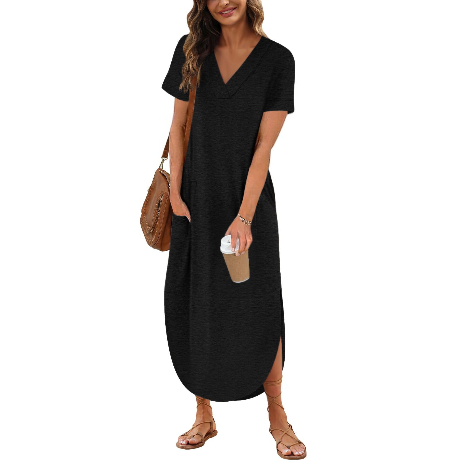 BYHONG Women's 2025 T Shirt Dress Short Sleeve V Neck Solid Long Dress ...