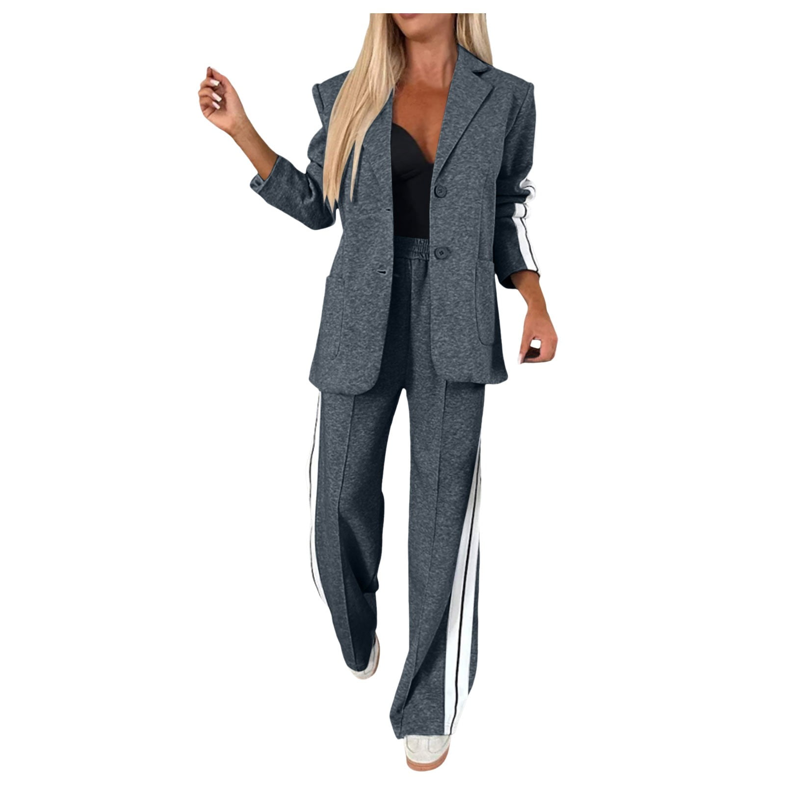 BYHONG Women's Casual Pant Suit Long Sleeve Loose Top Wide Leg Pants ...