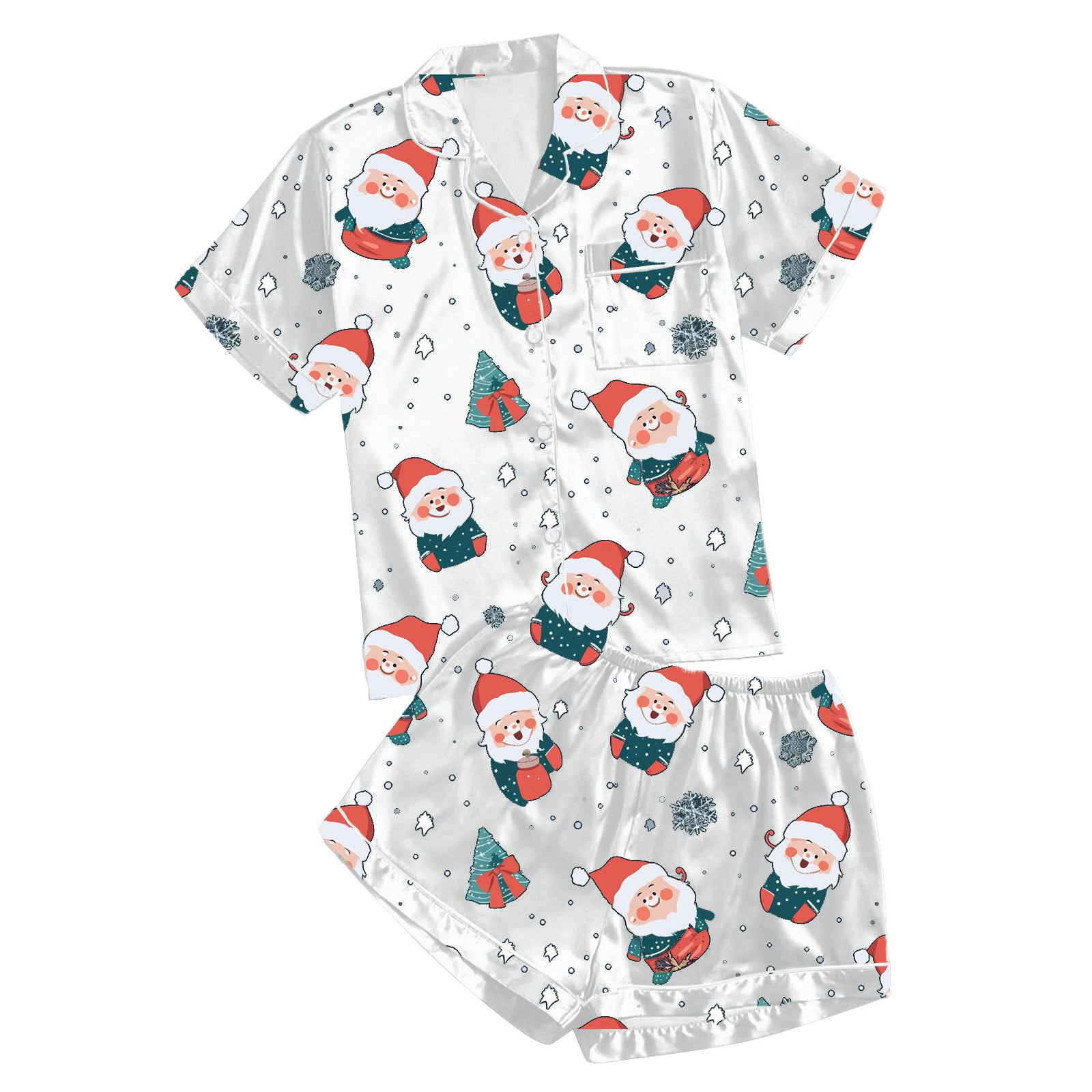 BYHONG Women's Casual Printed Pyjama Set Silk Satin Short Sleeve Button ...