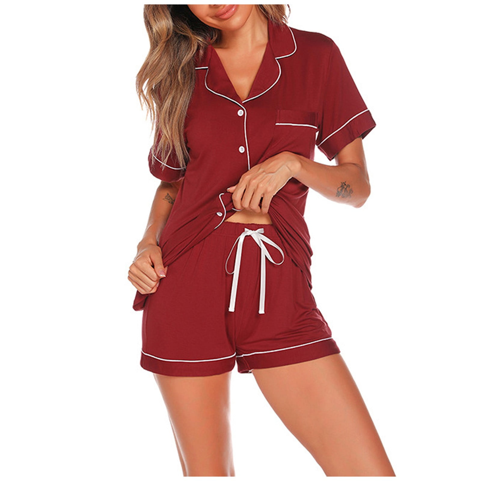 BYHONG Women's Pajama Set Two Piece Casual Set Short Sleeved Top and ...