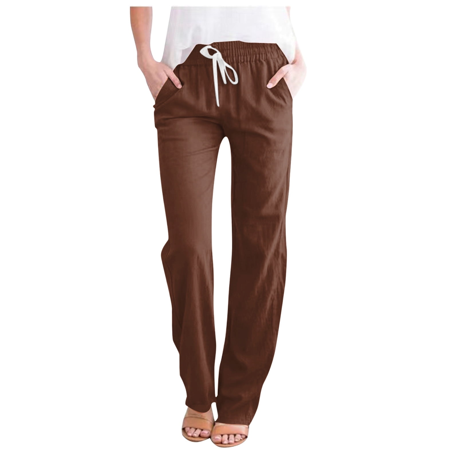Byhong Womens Spring And Solid Color Lace Up Pocket Loose Wide Legged