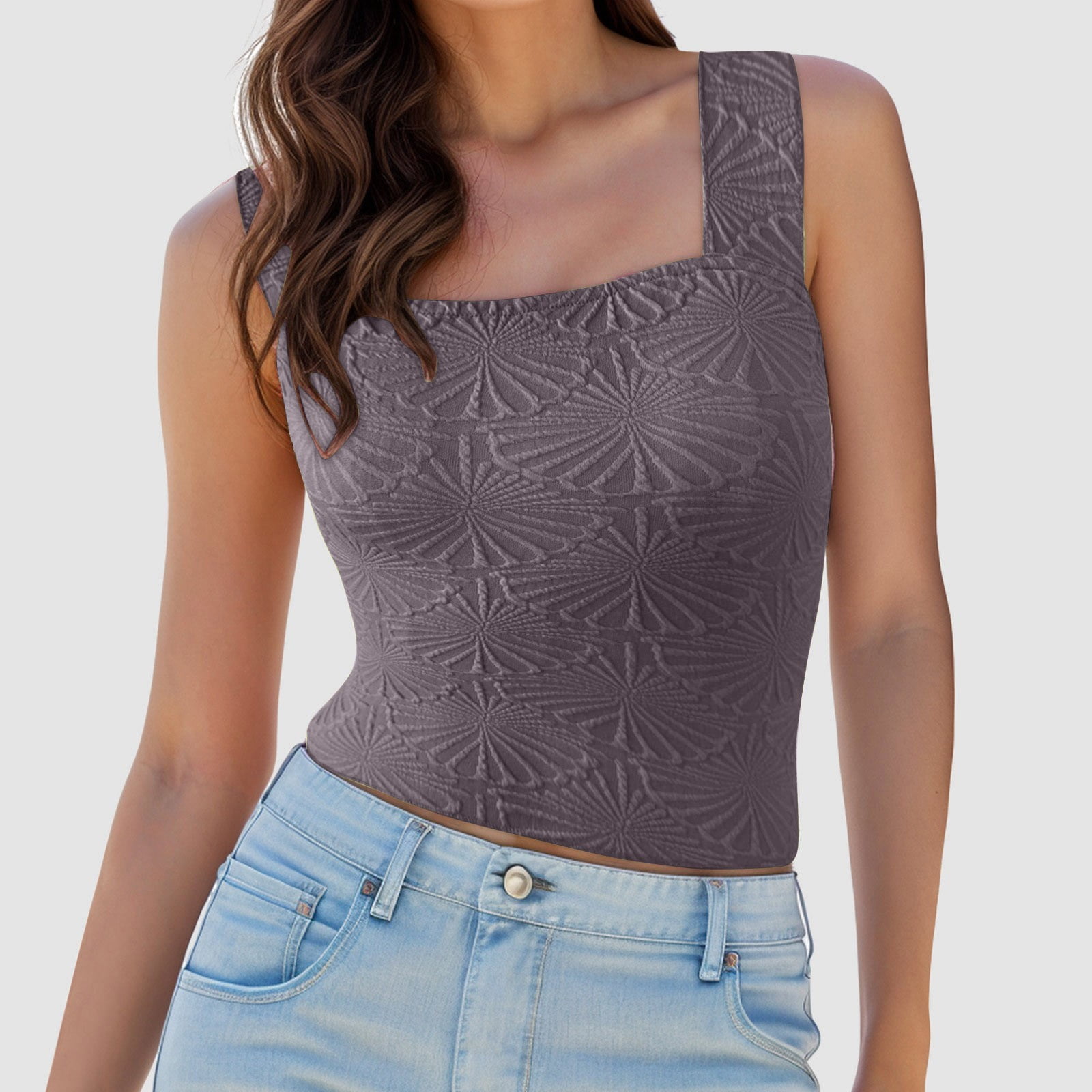 BYHONG Women's Square Neck Tank Top Floral Lettuce Trim Crop Vest Wide Strap Womens Blouses Slim ...