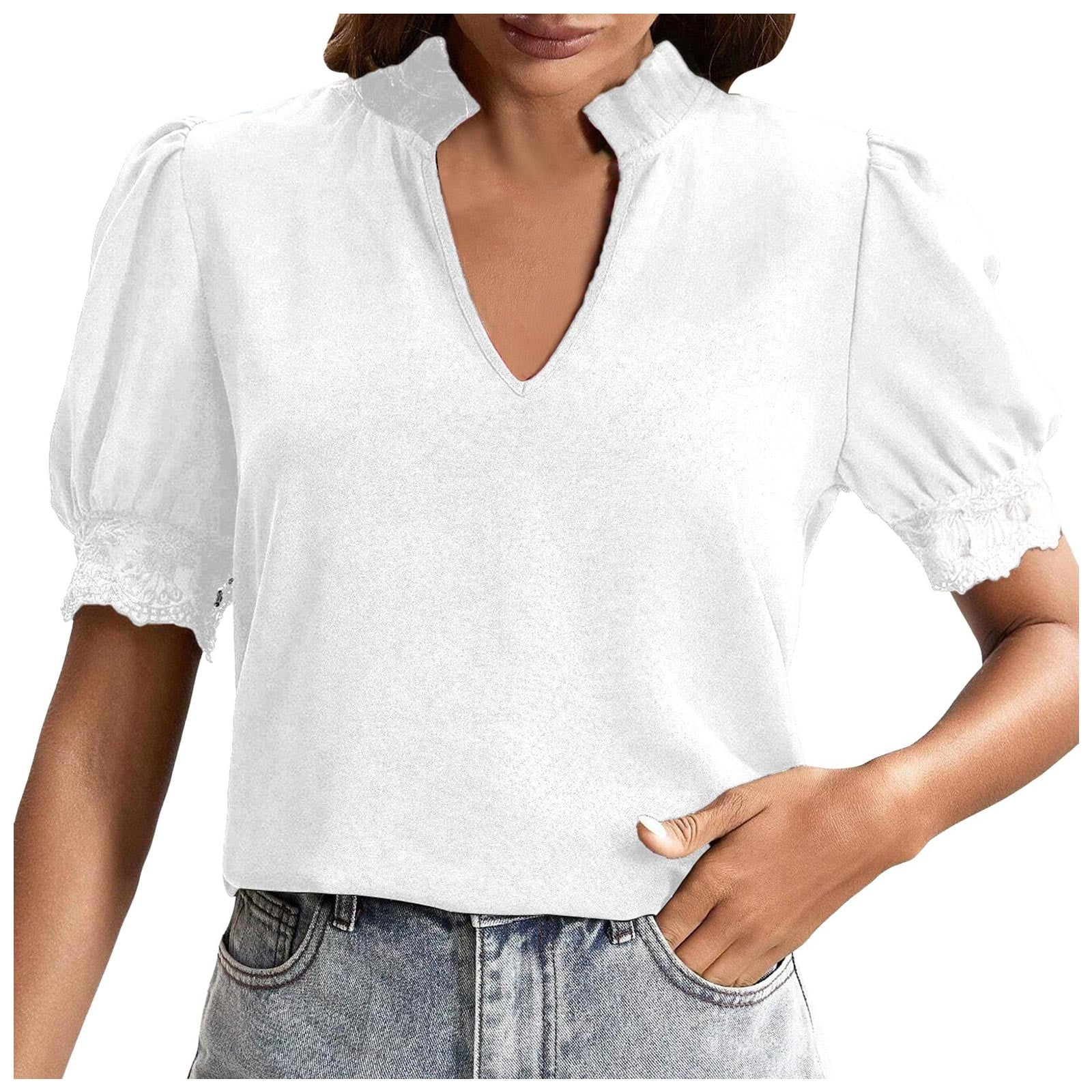 BYHONG Women's Summer Versatile V Neck Sleeve Patchwork Lace top Women ...