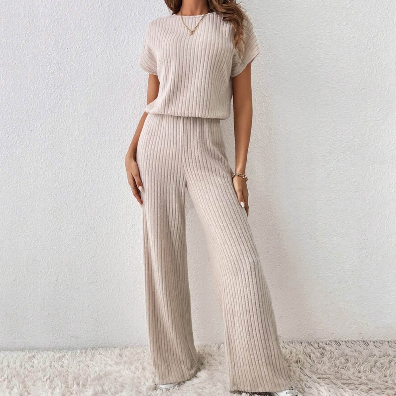 BYHONG Women's Two Piece Knit Matching Outfits Crew Neck Slit Hem Tee ...