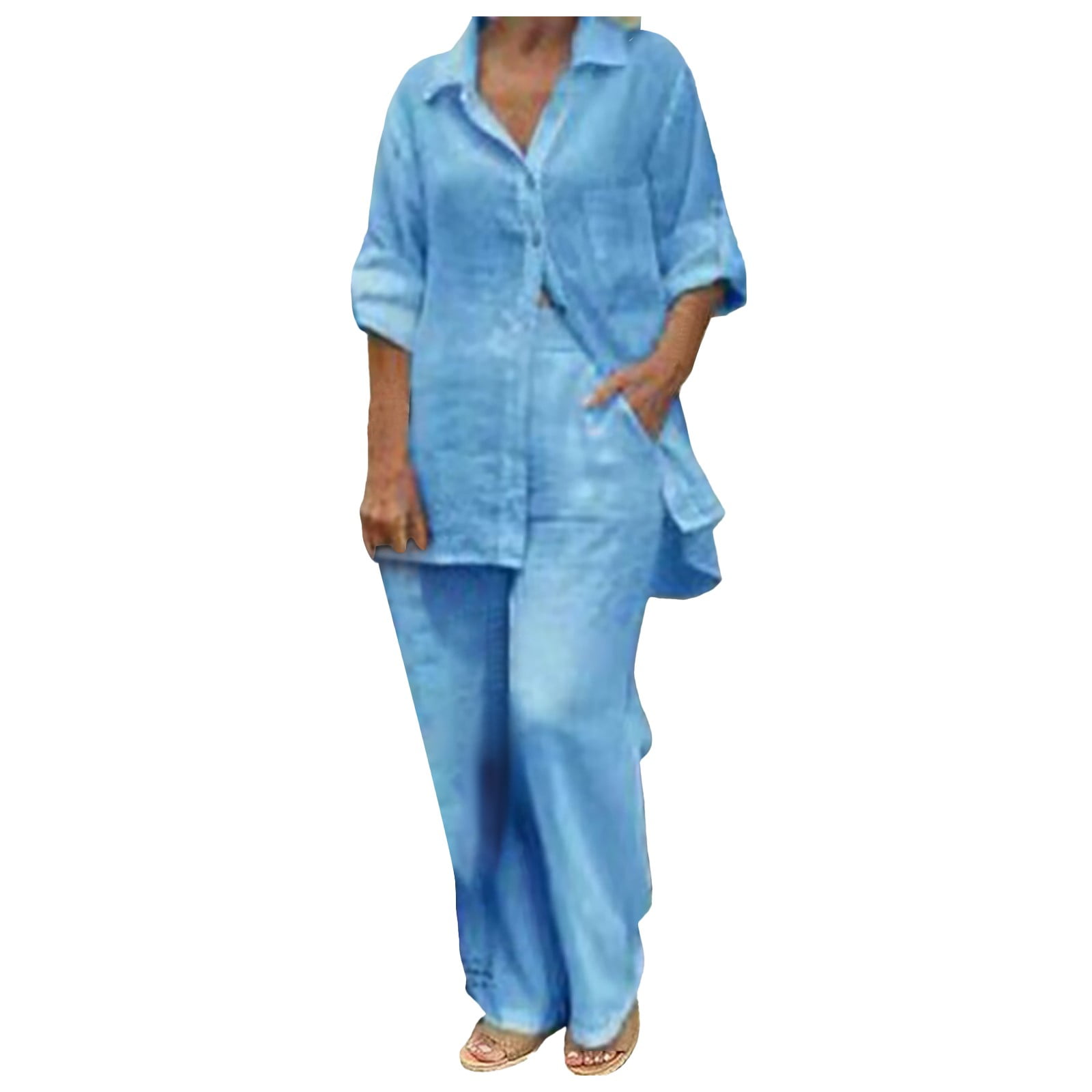 BYHONG Womens Pants Casual Solid Turndown Sleeves Button Pocket Shirt ...