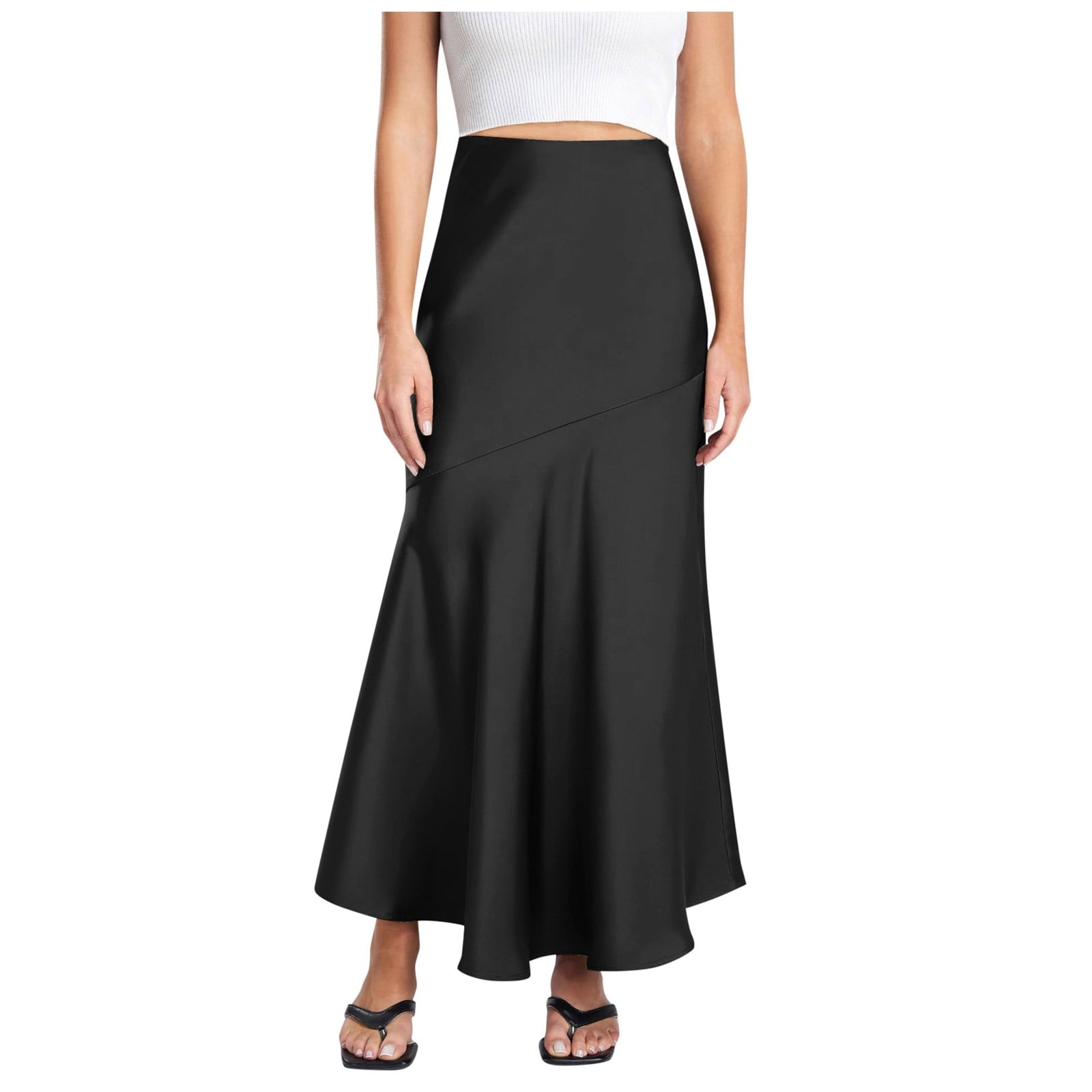 BYHONG Womens Satin Silk Maxi Skirts Drawstring Flared Casual A-Line ...