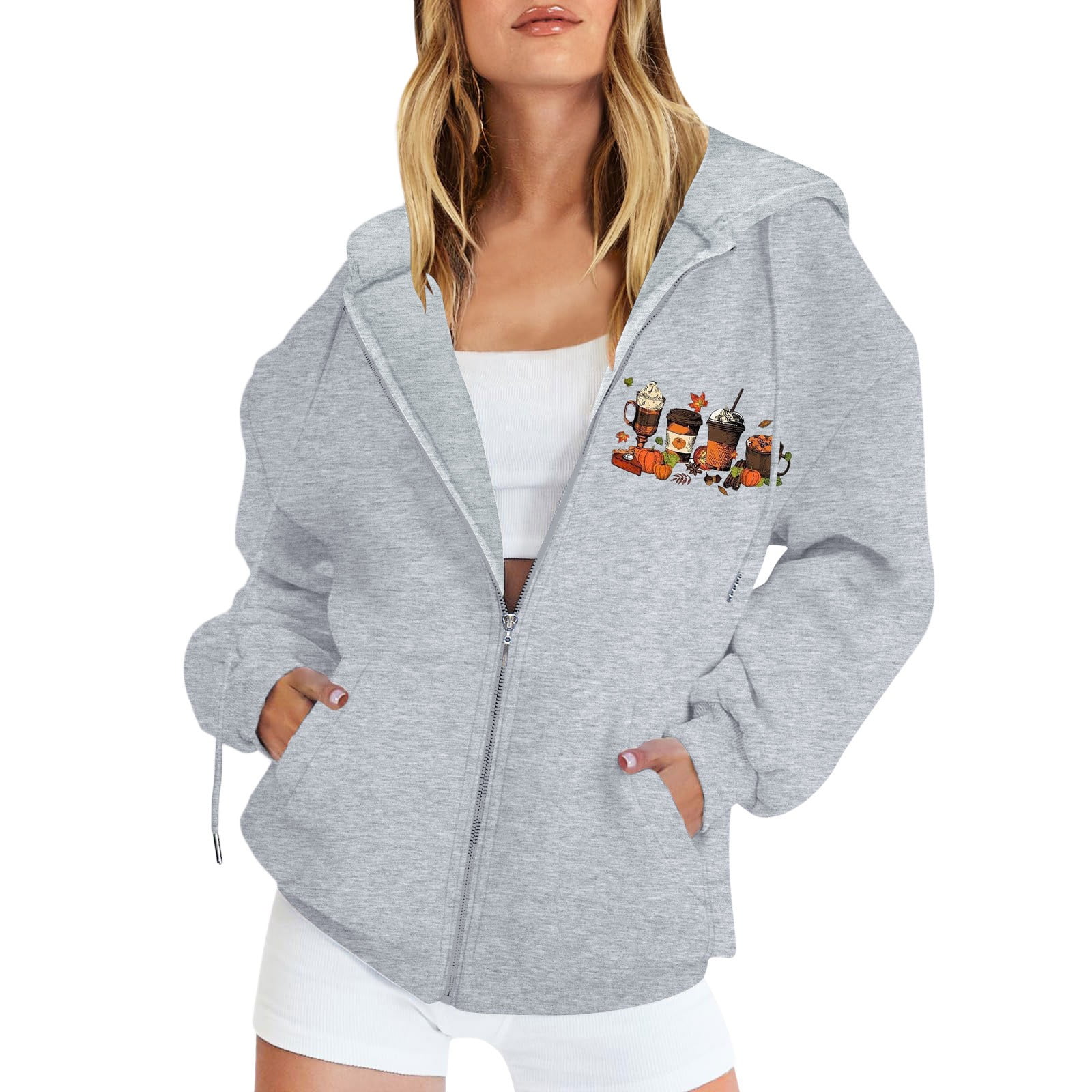 BYHONG Womens Zip Up Hoodies Pumpkin Print Long Sleeve Fall Winter ...
