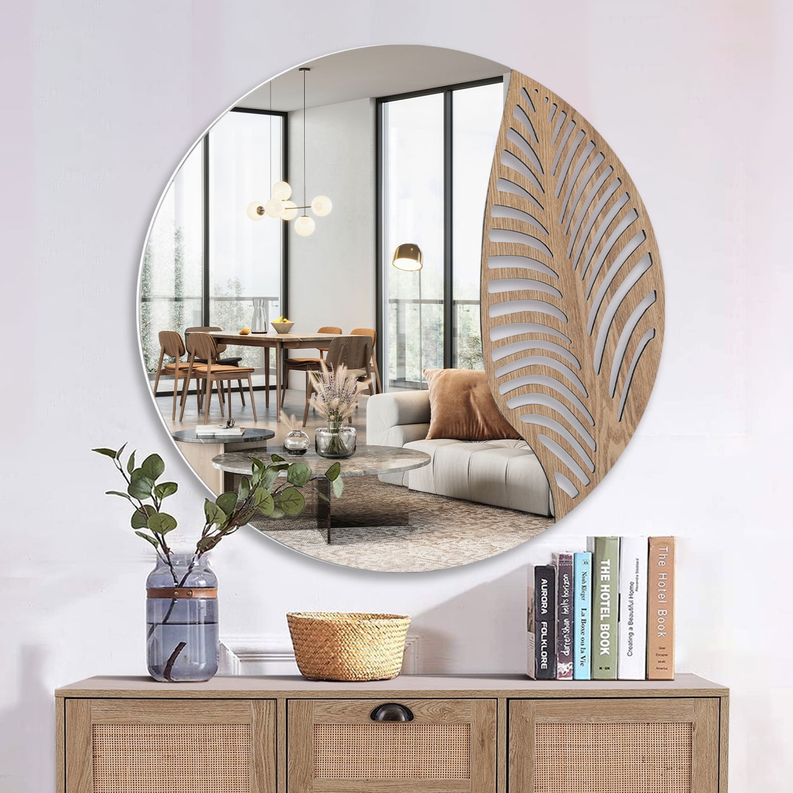 BYNIUA Round Mirror 24 Inch Wood Leaf Design Frameless Modern Circle ...