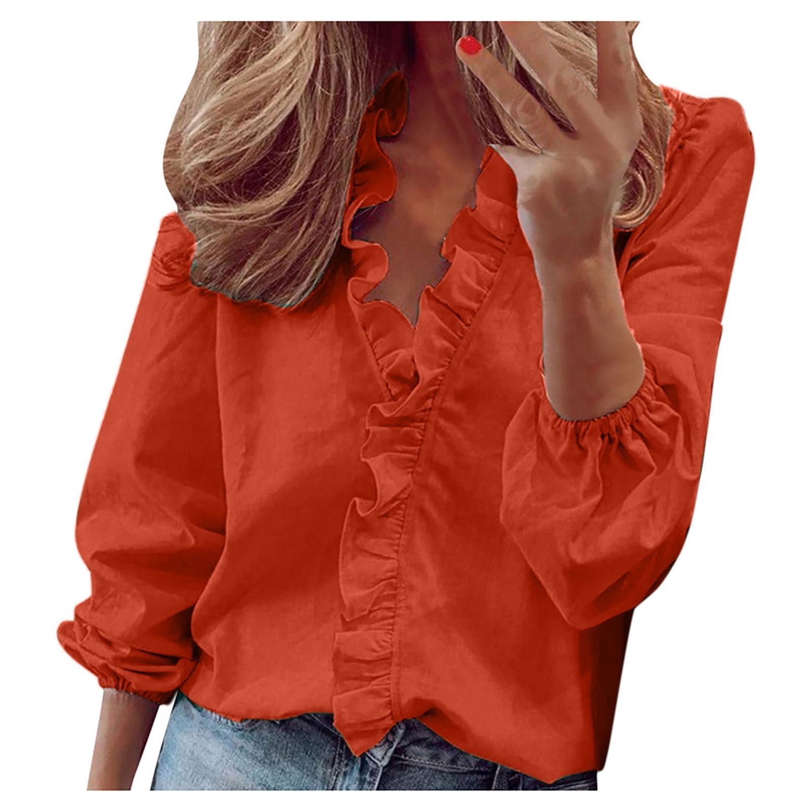 BYOIMUD Clothing s Loose Tunic Blouse Ruffle Collar Long Sleeve Ruffle ...