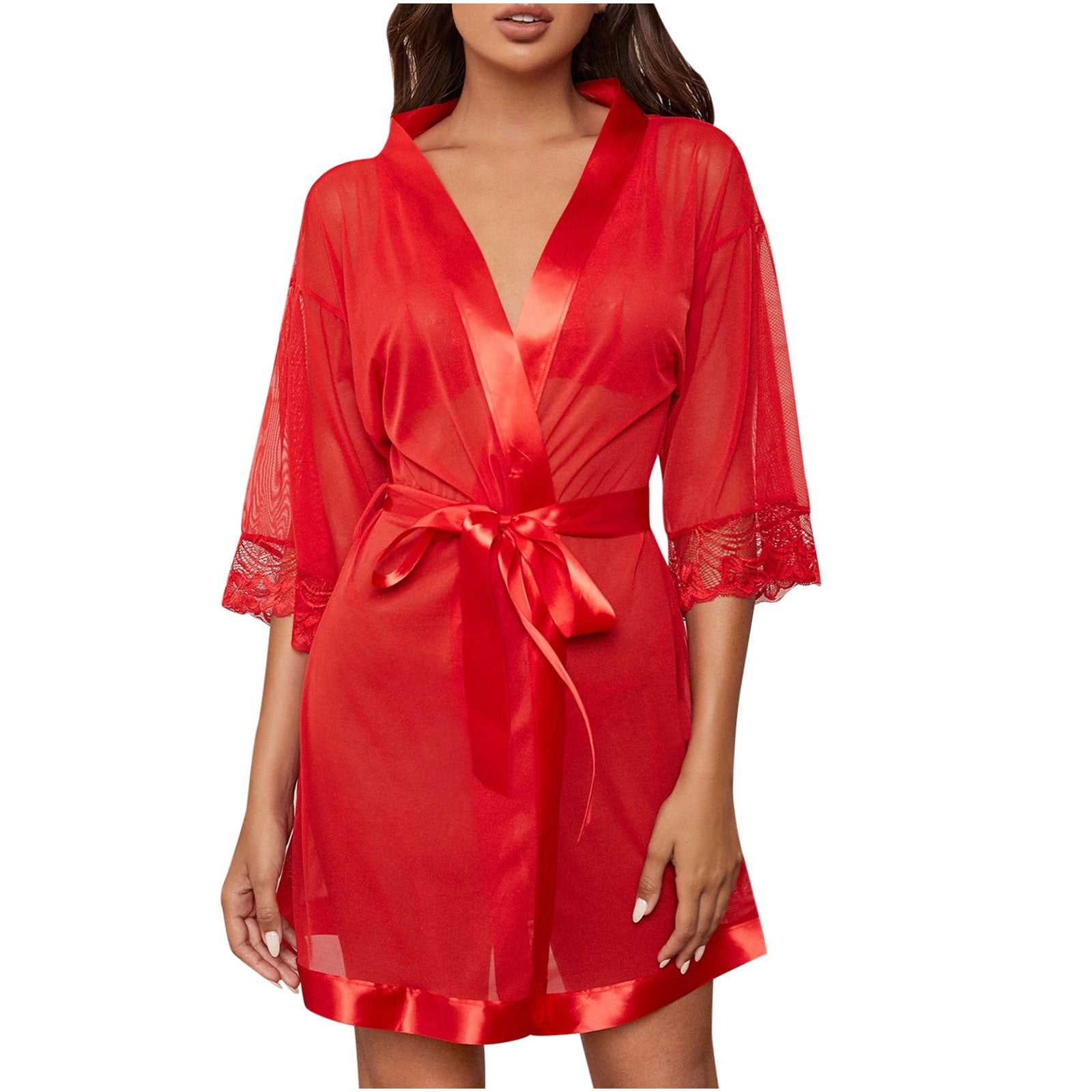 Byoimud Womens Lingerie Set Mesh Sheer See Through Lace Robe Set With